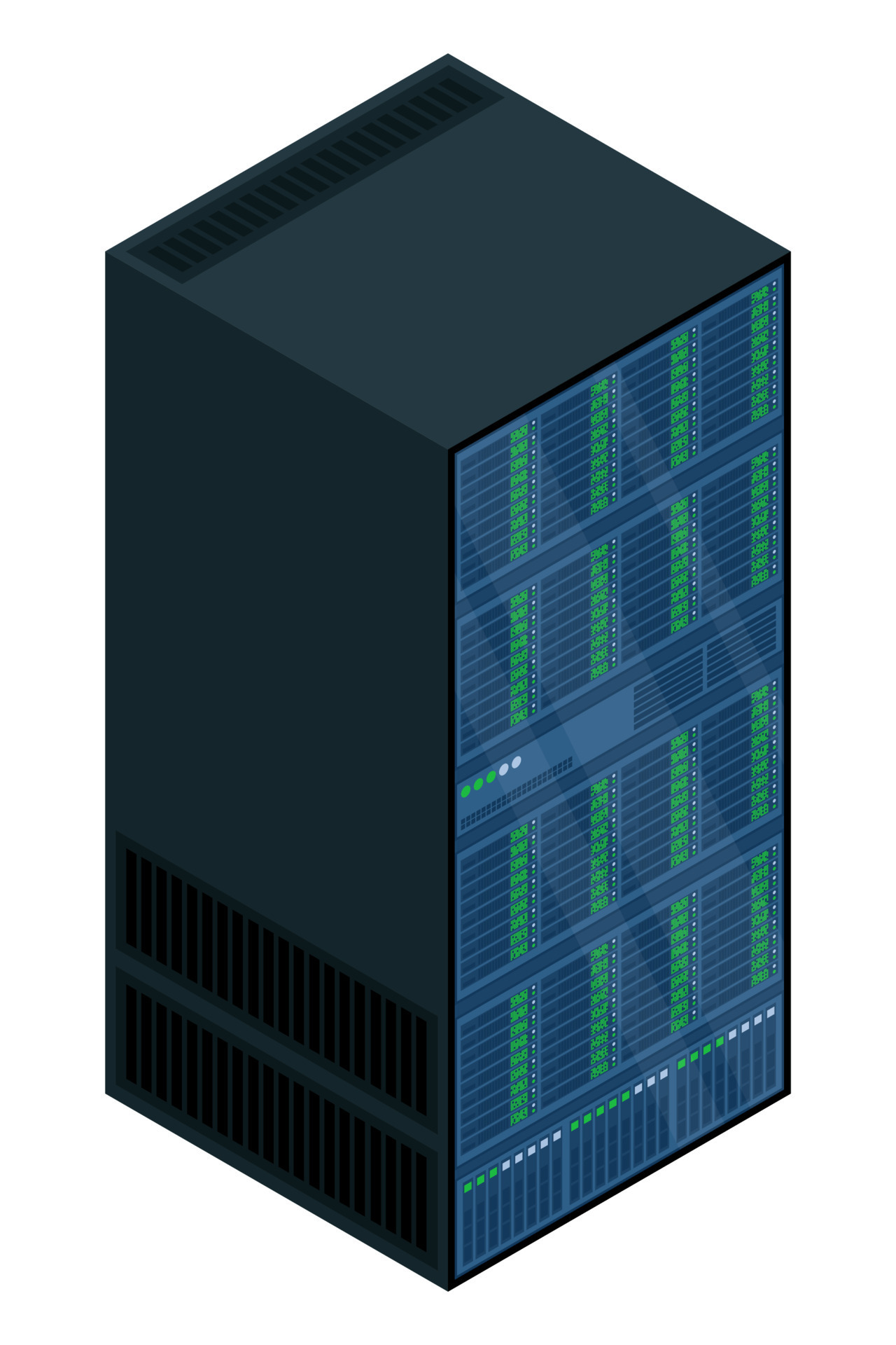 Isometric server. Network server room. Server in cabinets. Storage ...