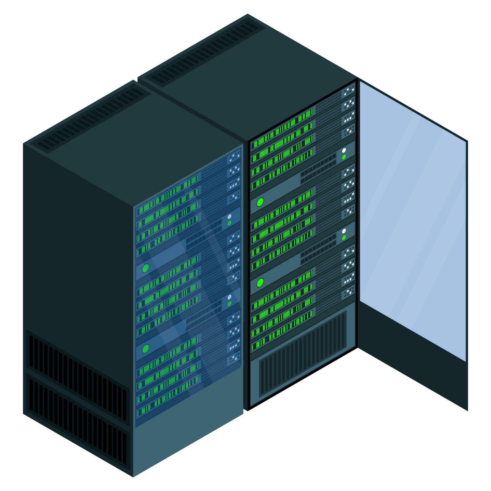Isometric server. Network server room. 3D computer equipment. Storage database. Isometric ...