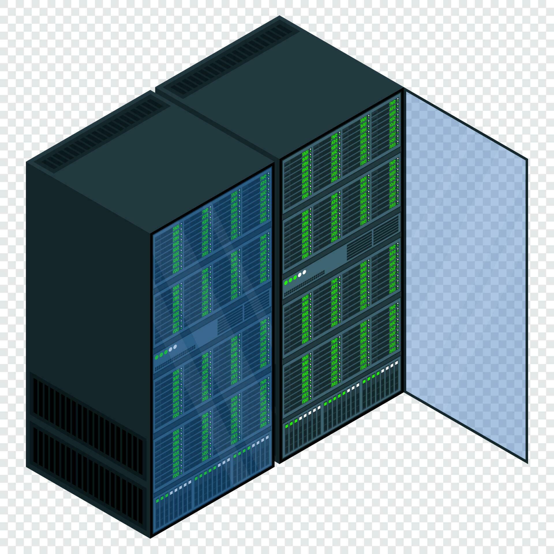 Isometric server. Network server room. 3D computer equipment. Storage ...