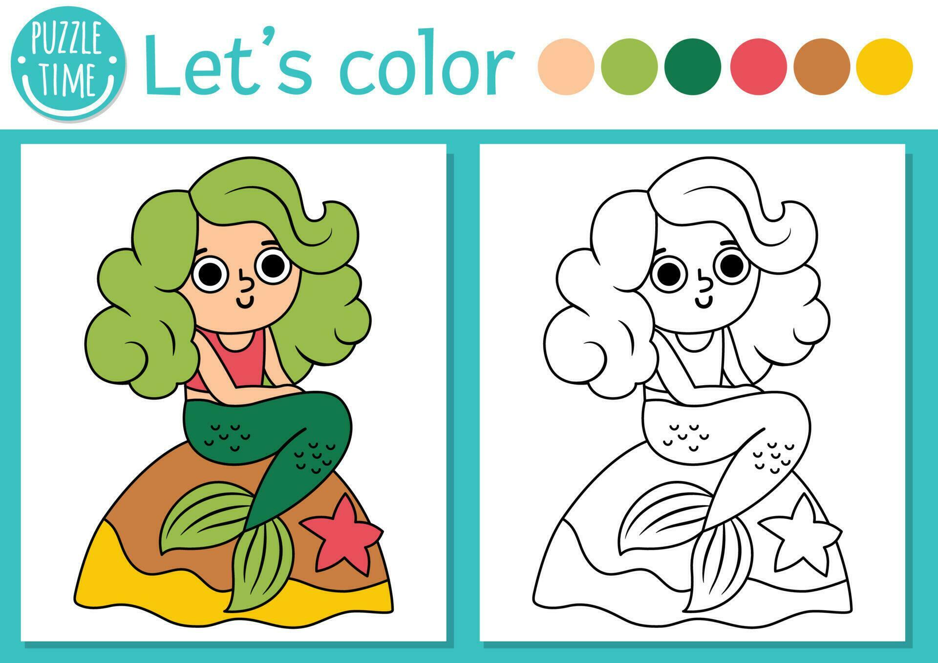 Pirate coloring page for children with cute mermaid. Vector treasure ...