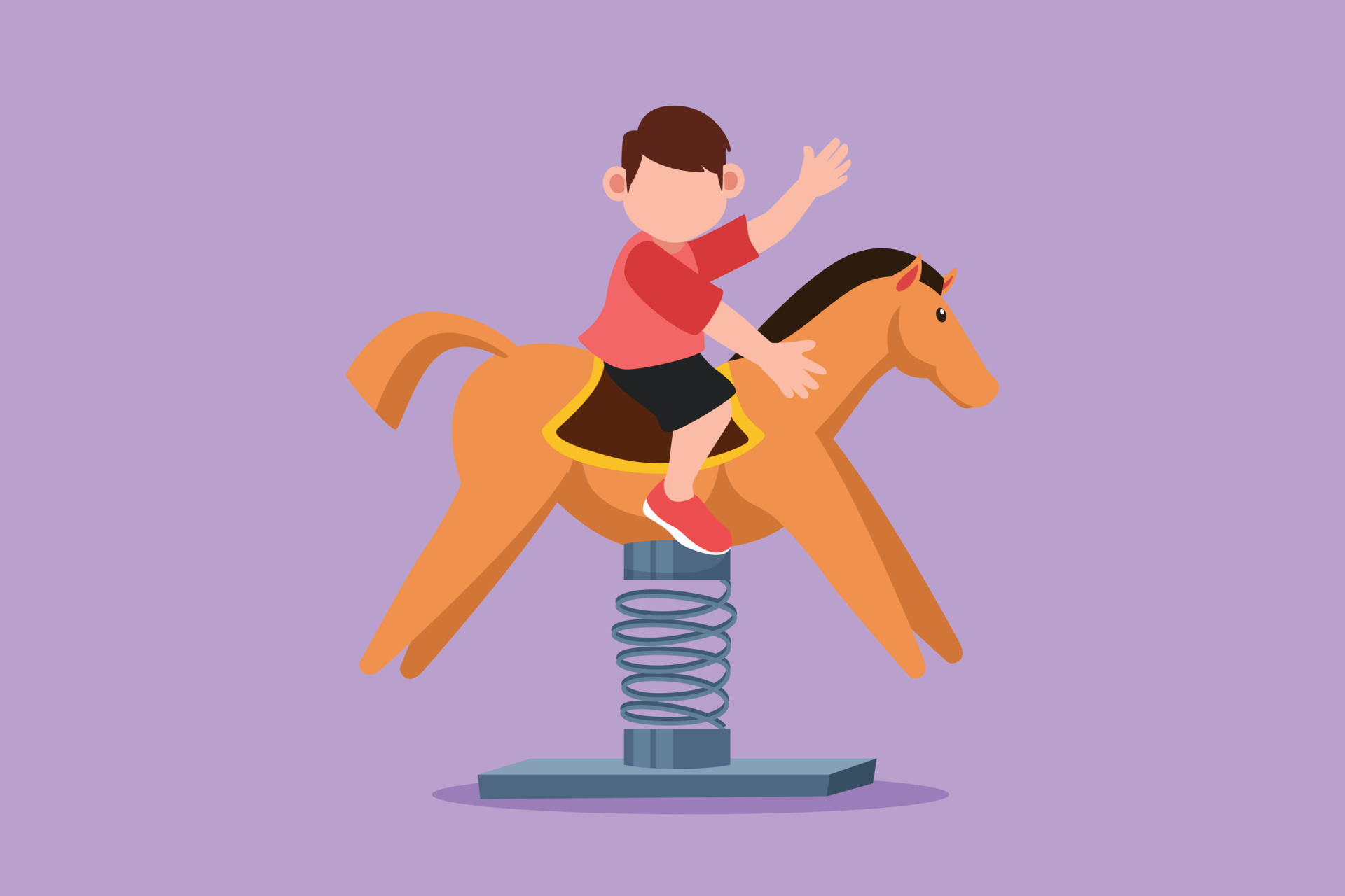 Cartoon flat style drawing little boy riding horse seesaw, kids having ... Cartoon flat style drawing little boy riding horse seesaw, kids having ...