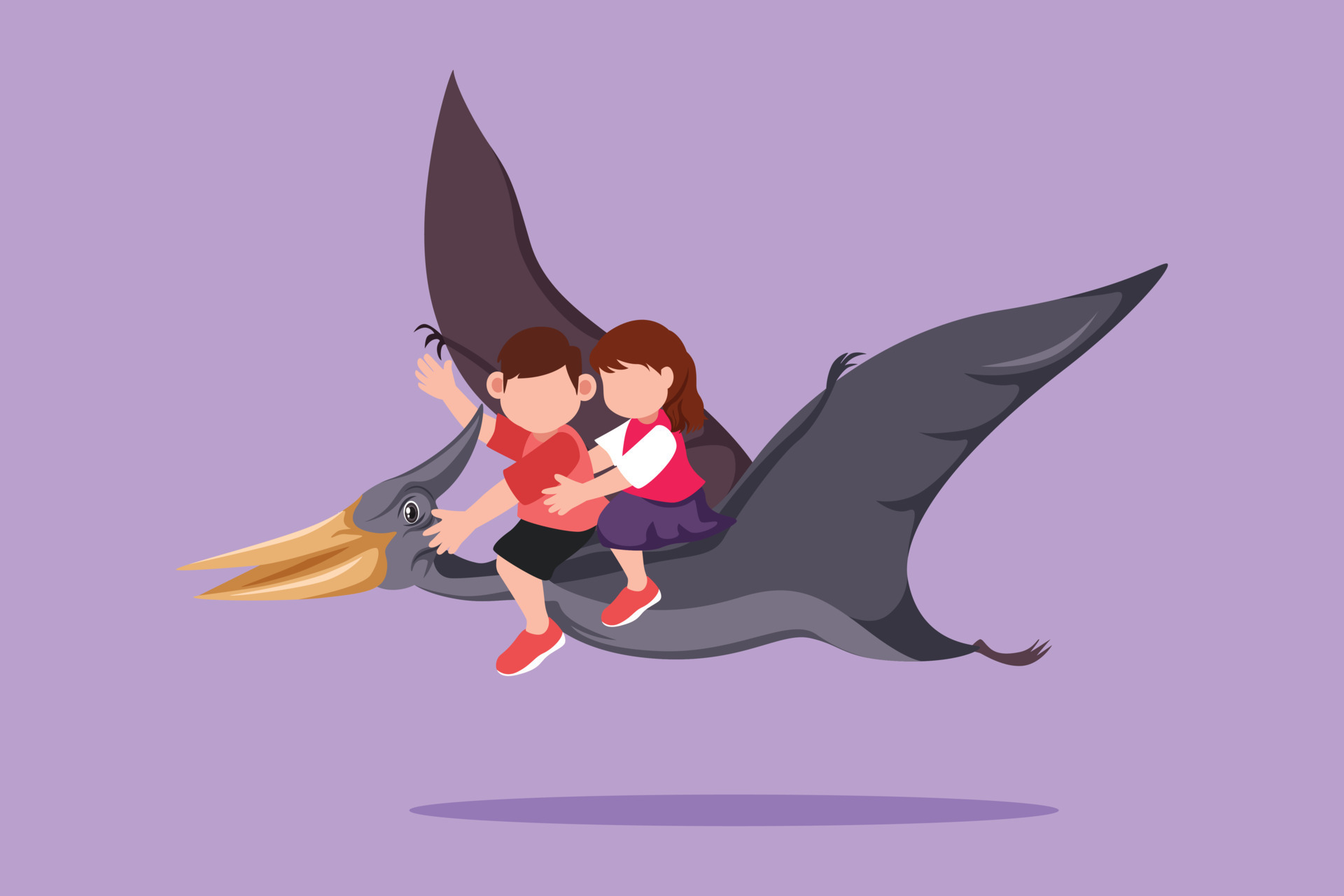 gráfico plano diseño dibujo valentía pequeño chico y niña montando volador dinosaurio juntos ...