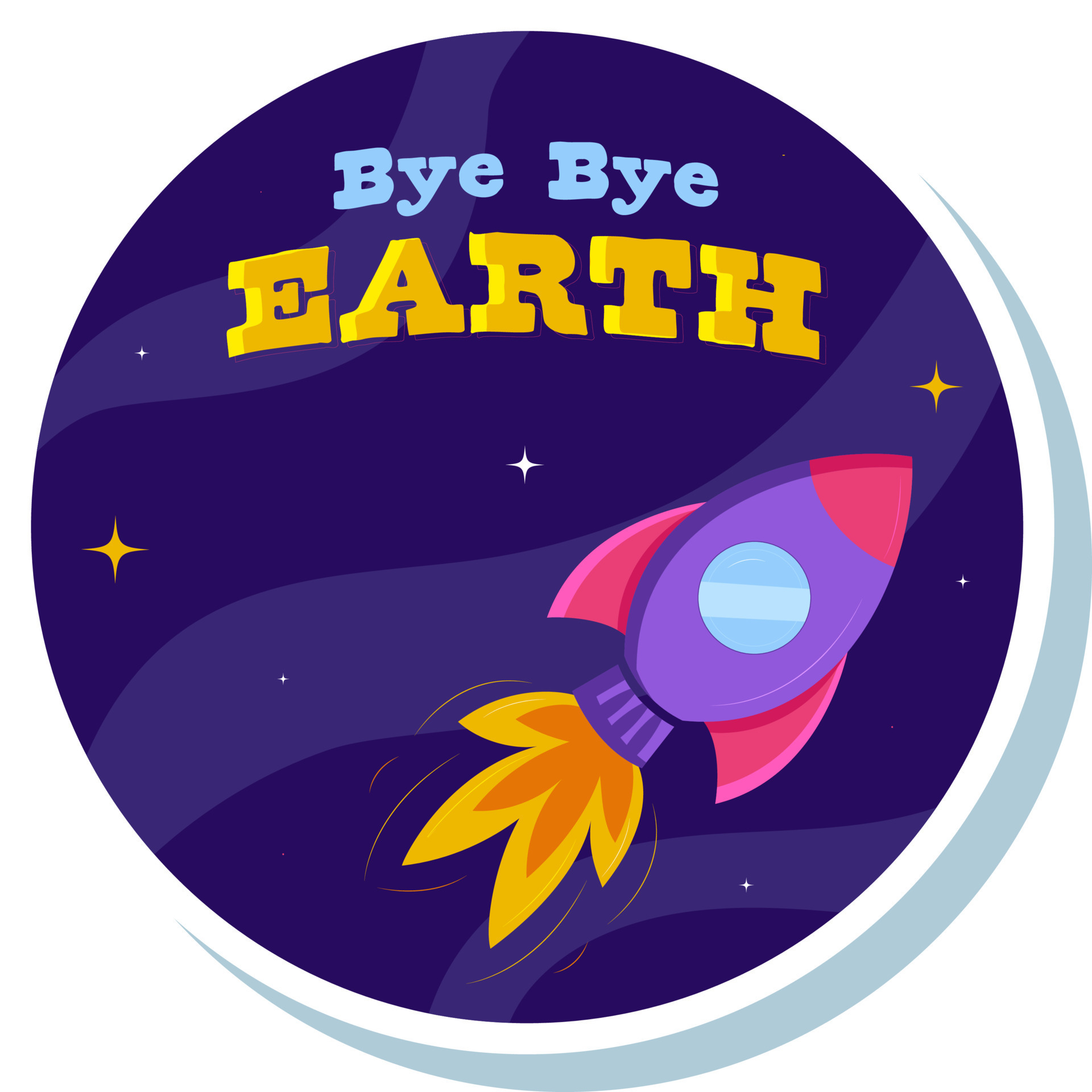Bye Bye Earth Font With Flying Rocket In Space Blue Circle Background In Sticker Style 24159758