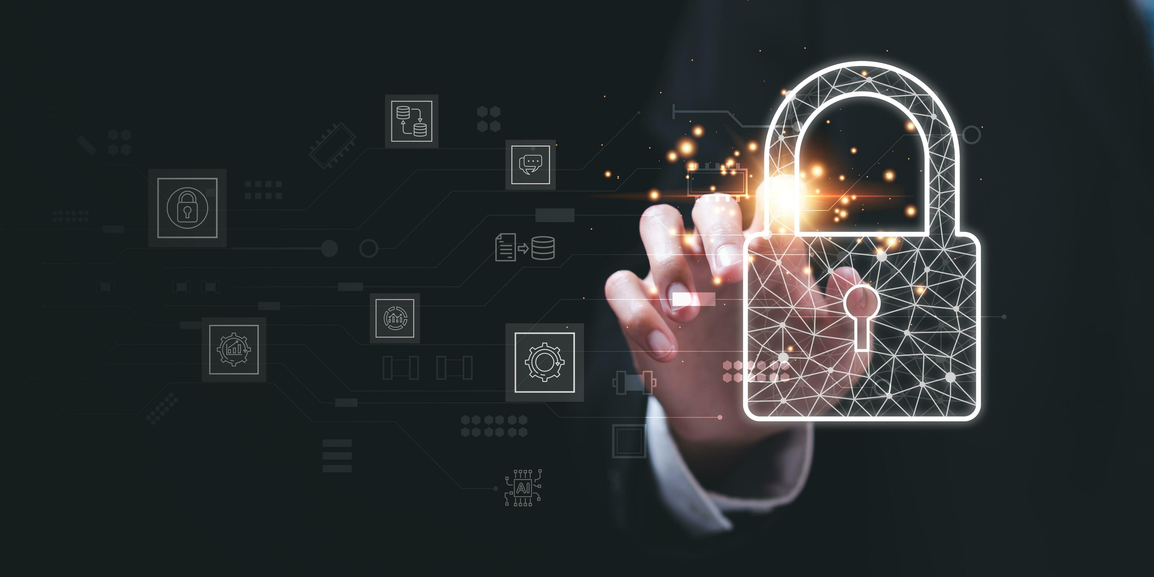 Businessman Showing Data Access Protection With Key Icon Safety Technology Data Protection And