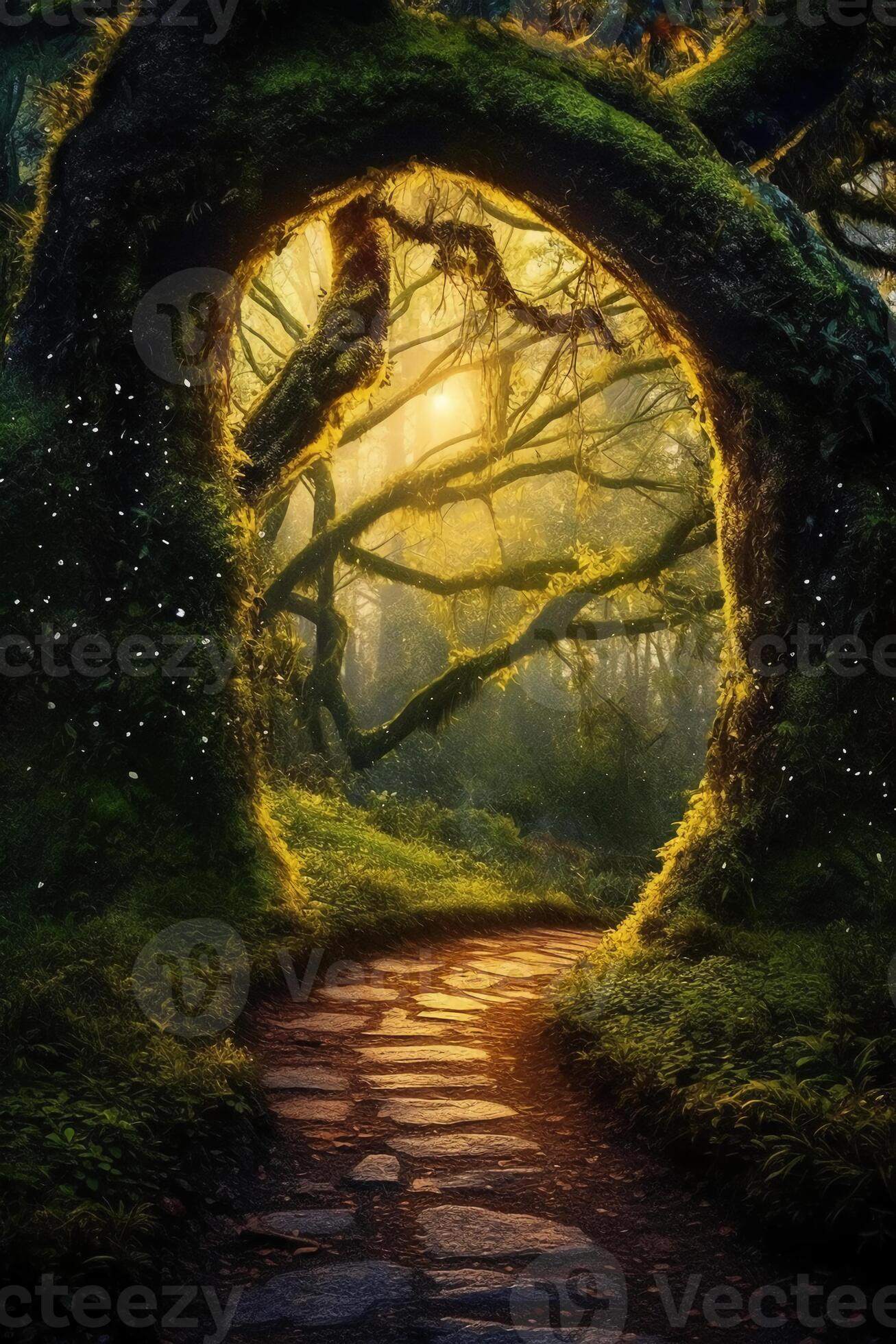 a mystical forest path with towering trees forming a natural archway. 24173978 Stock Photo at ...