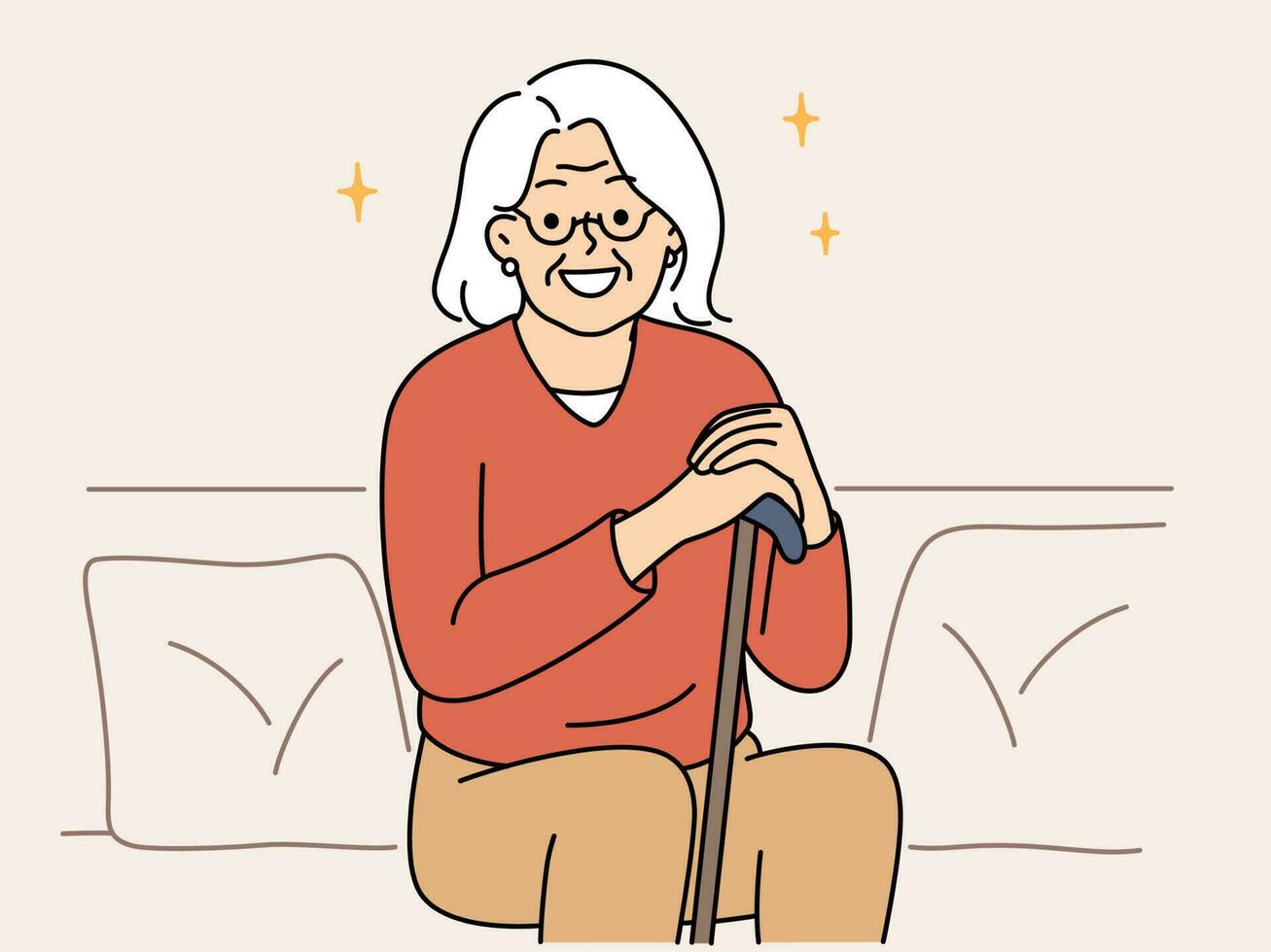 Smiling Elderly Grandmother Sit On Sofa With Walking Stick Feeling