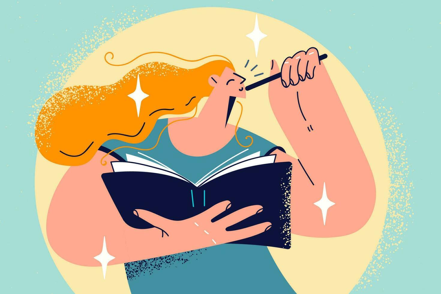 Young woman thinking writing in notebook. Happy female lost in thoughts ...