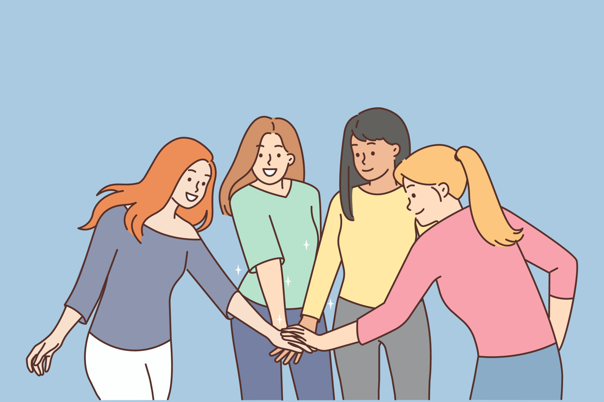 Smiling diverse girls join hands show unity and leadership. Happy girlfriends engaged in ...