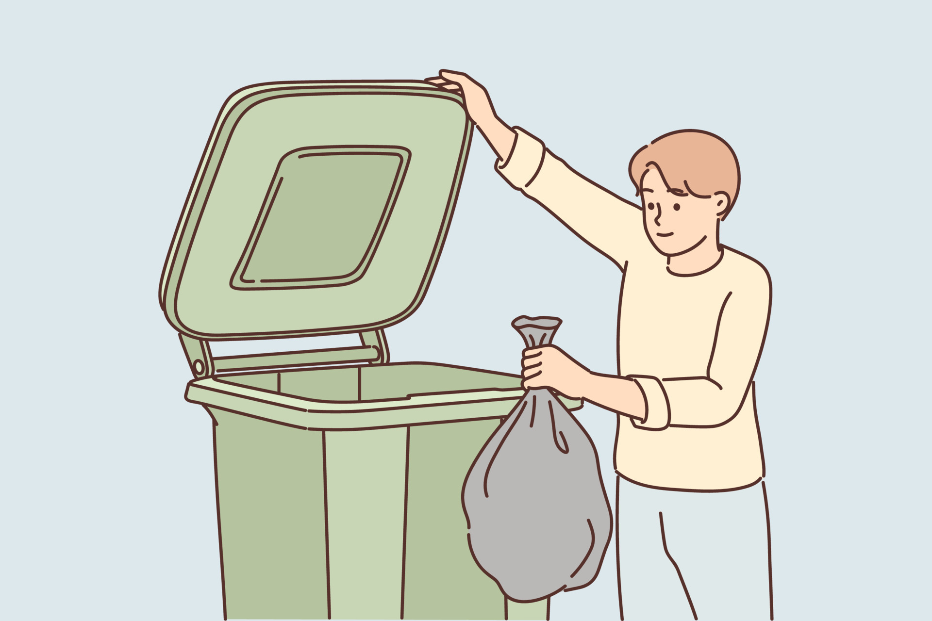 Man throws garbage into large container for concept of overabundance of garbage on planet. Guy ...