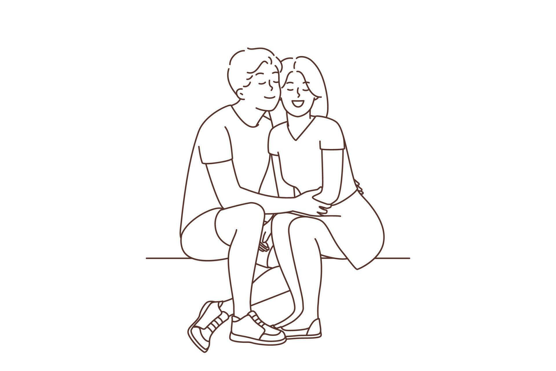Happy Couple Sitting On Bench Hugging Smiling Man And Women In Love