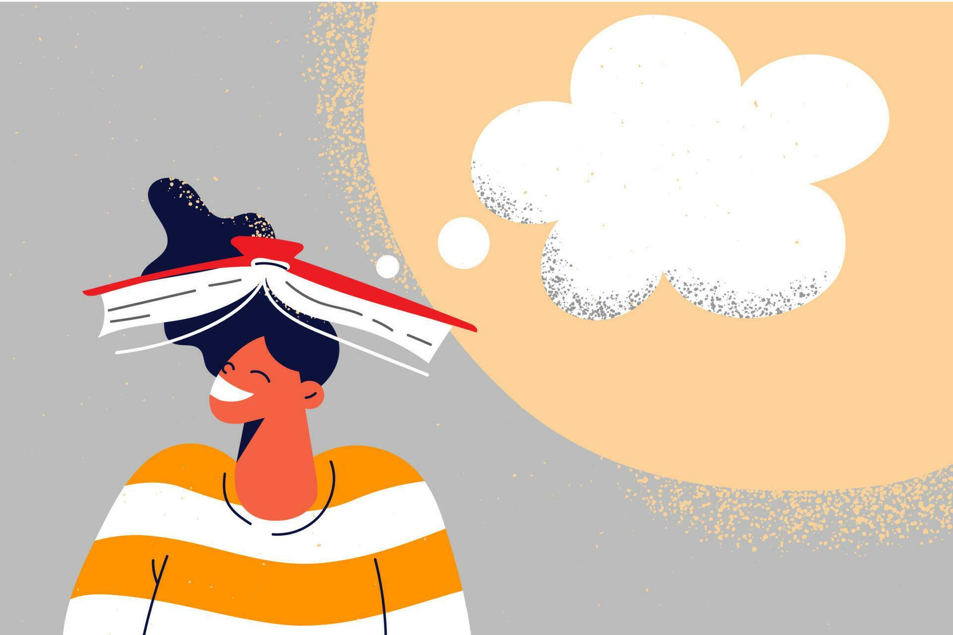 Happy girl with book on head visualizing and daydreaming. Smiling ...