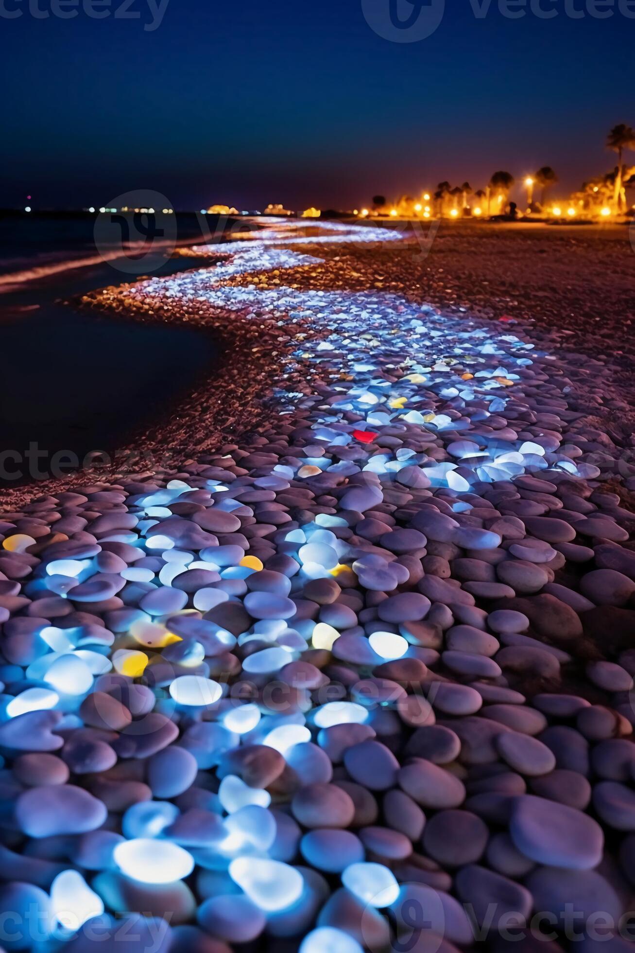 At night, the white beach is full of colorful glowing creatures and transparent glowing pebbles ...