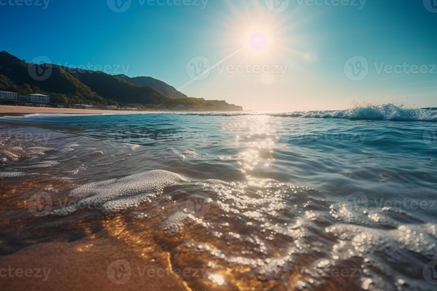 Summer landscape, nature of tropical with rays of sun light. Beautiful sun glare in wave of ...