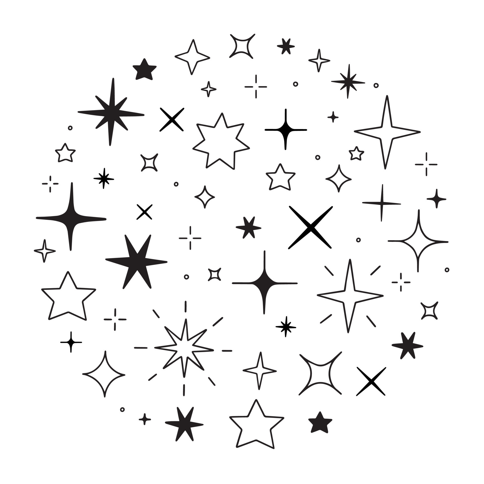 Sparkles and Twinkling stars doodle set. Glitter burst, shining star, falling star, firework ...