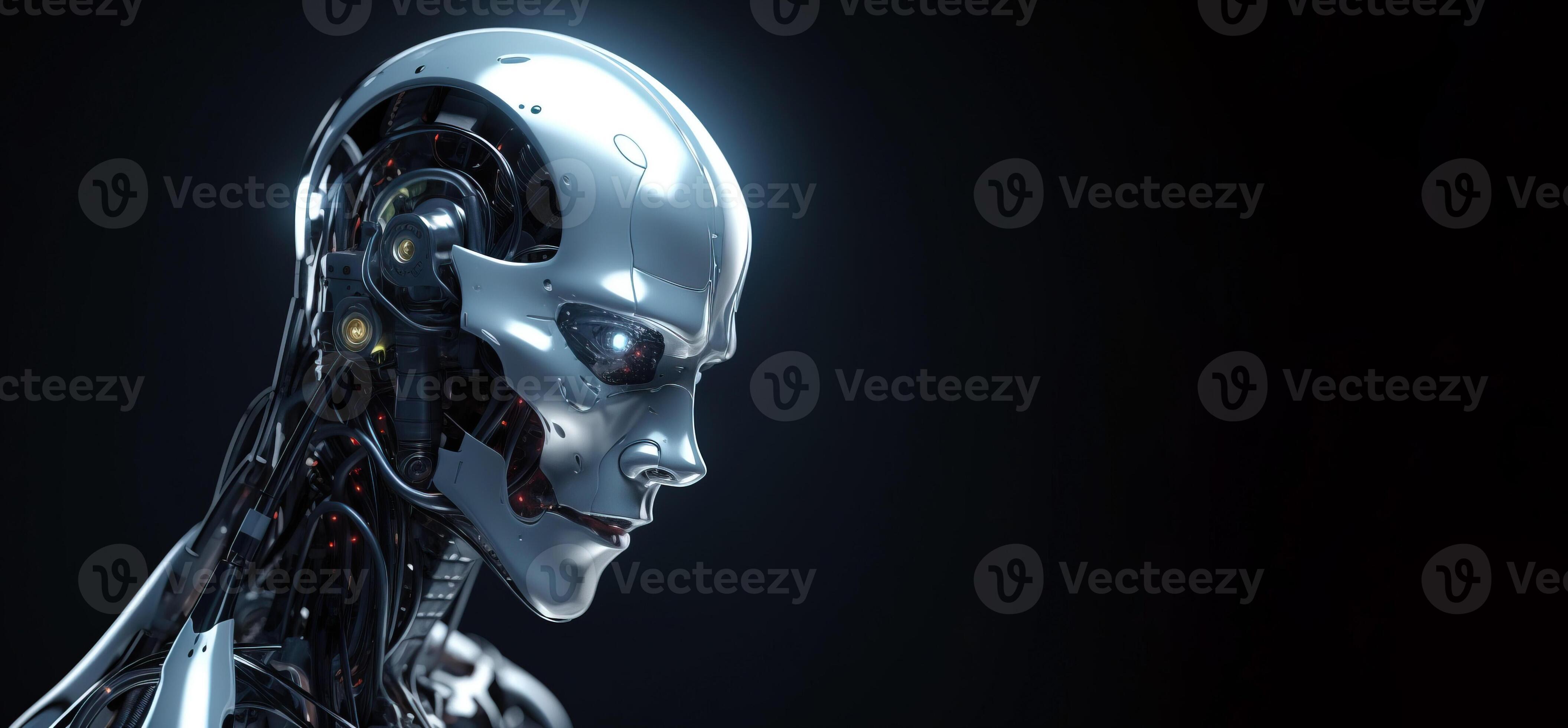 Artificial intelligence, composition of a chrome cyborg robot on a dark background, isolate ...