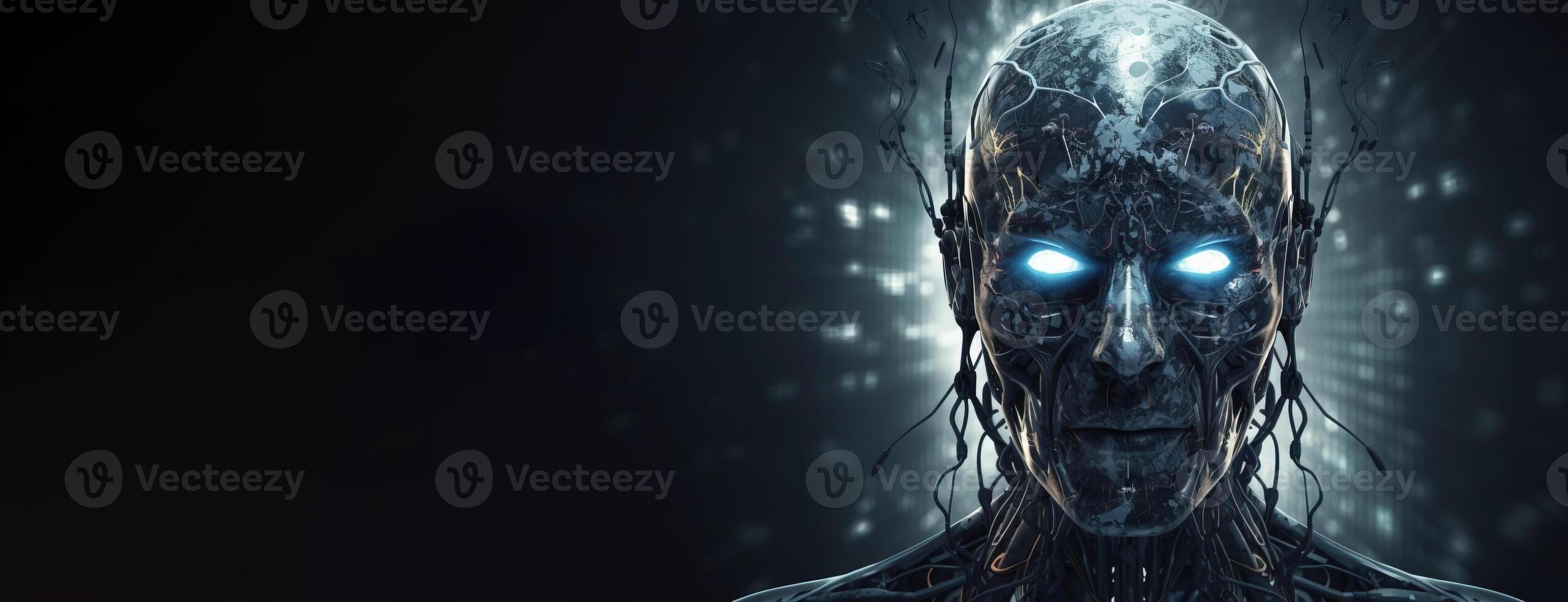 Artificial intelligence, composition of a chrome cyborg robot on a dark background, isolate ...