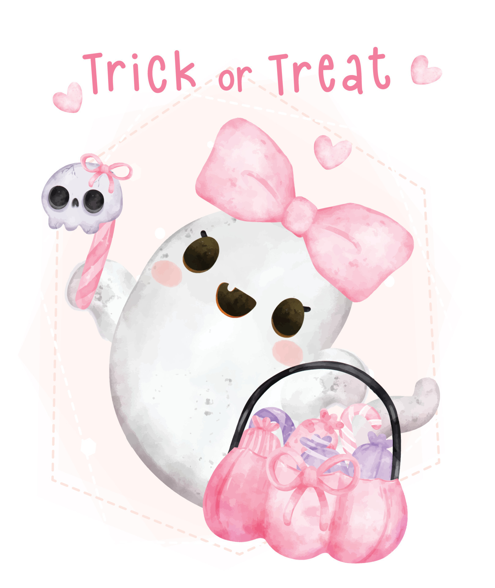 Cute happy kawaii ghost pink halloween, Trick or treat, cartoon ...