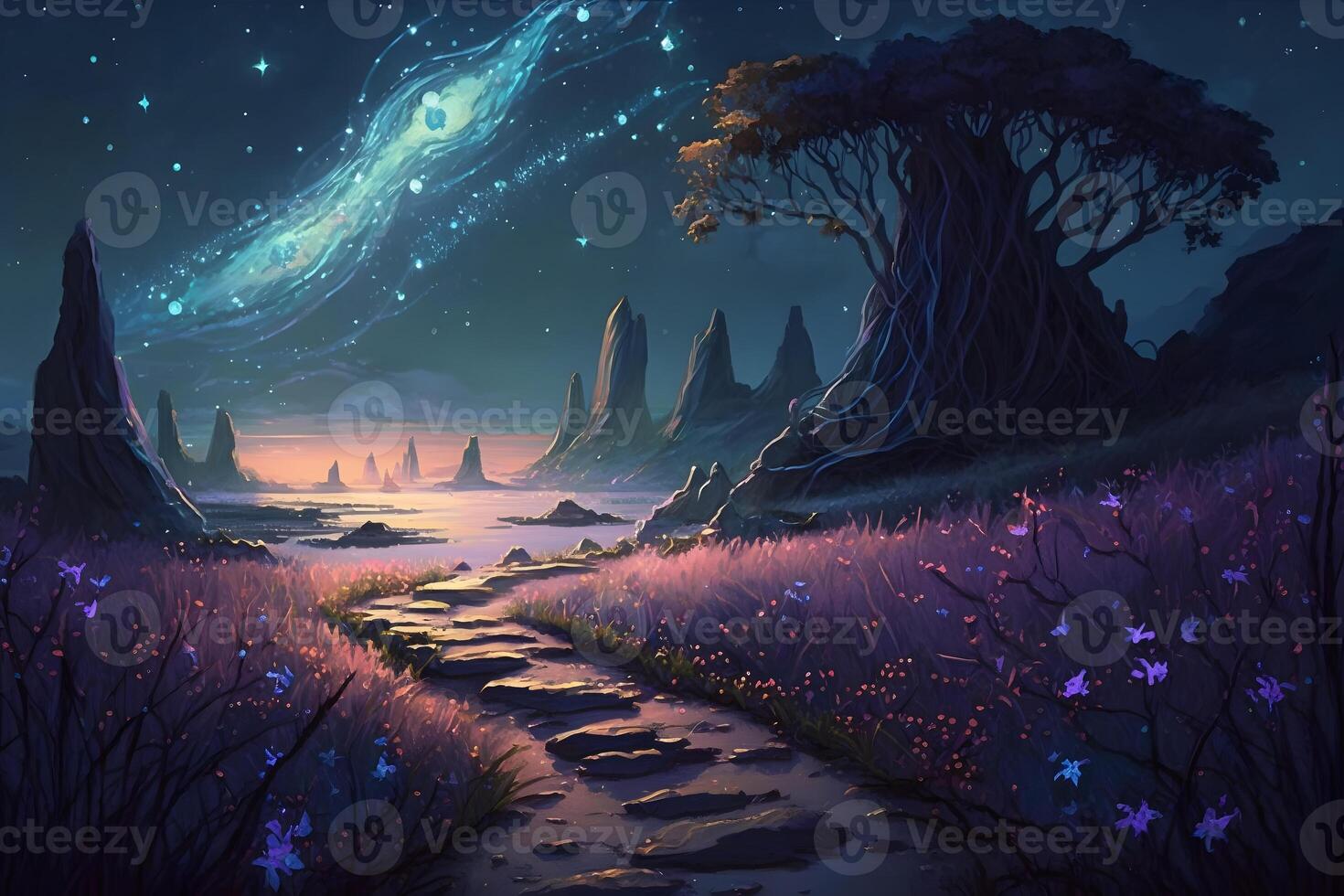 Magic fairy tale night fantasy landscape with girl silhouette. Neural ...