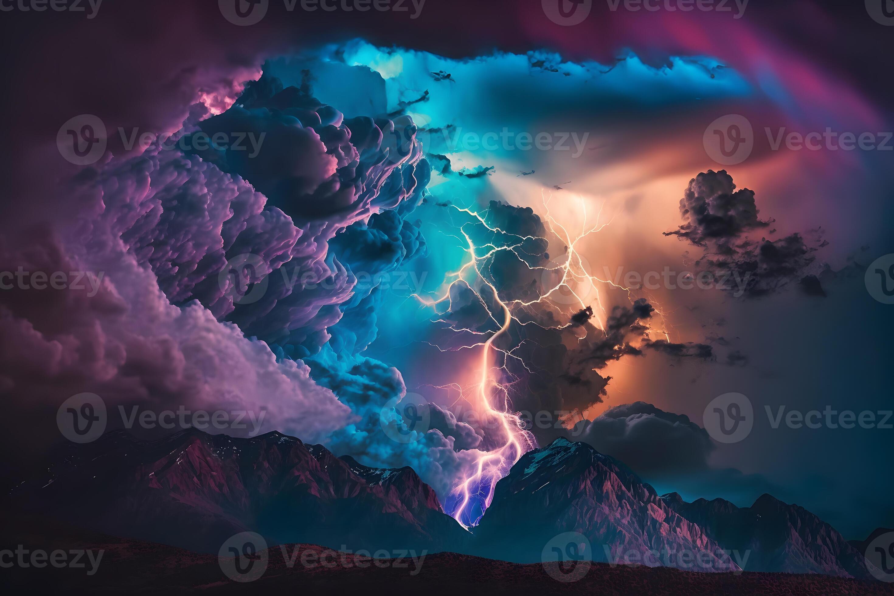 Lightning with colorful dramatic clouds. Neural network AI generated ... Lightning with colorful dramatic clouds. Neural network AI generated ...