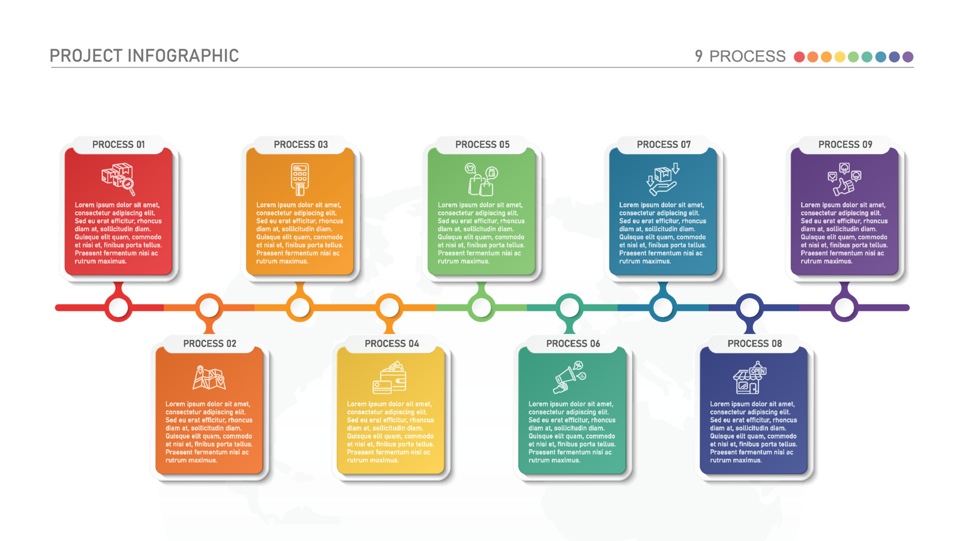 Horizontal timeline or flowchart with nine square elements and space ...