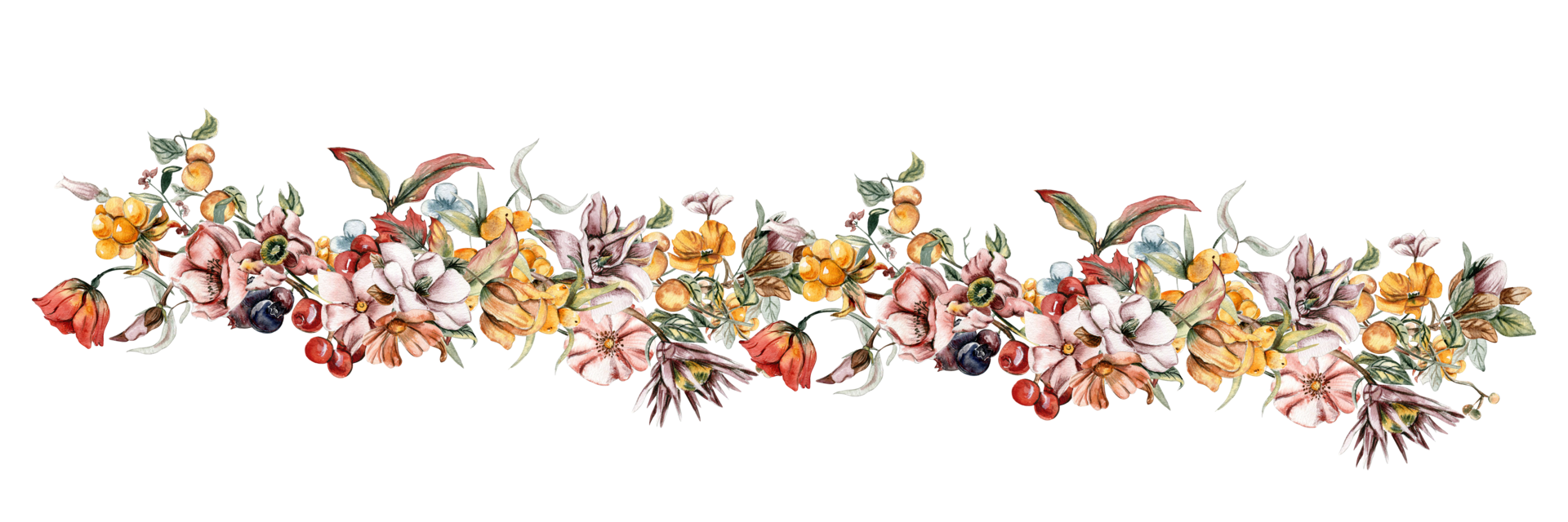 Flowers Autumn Border For Card Watercolor Illustration For