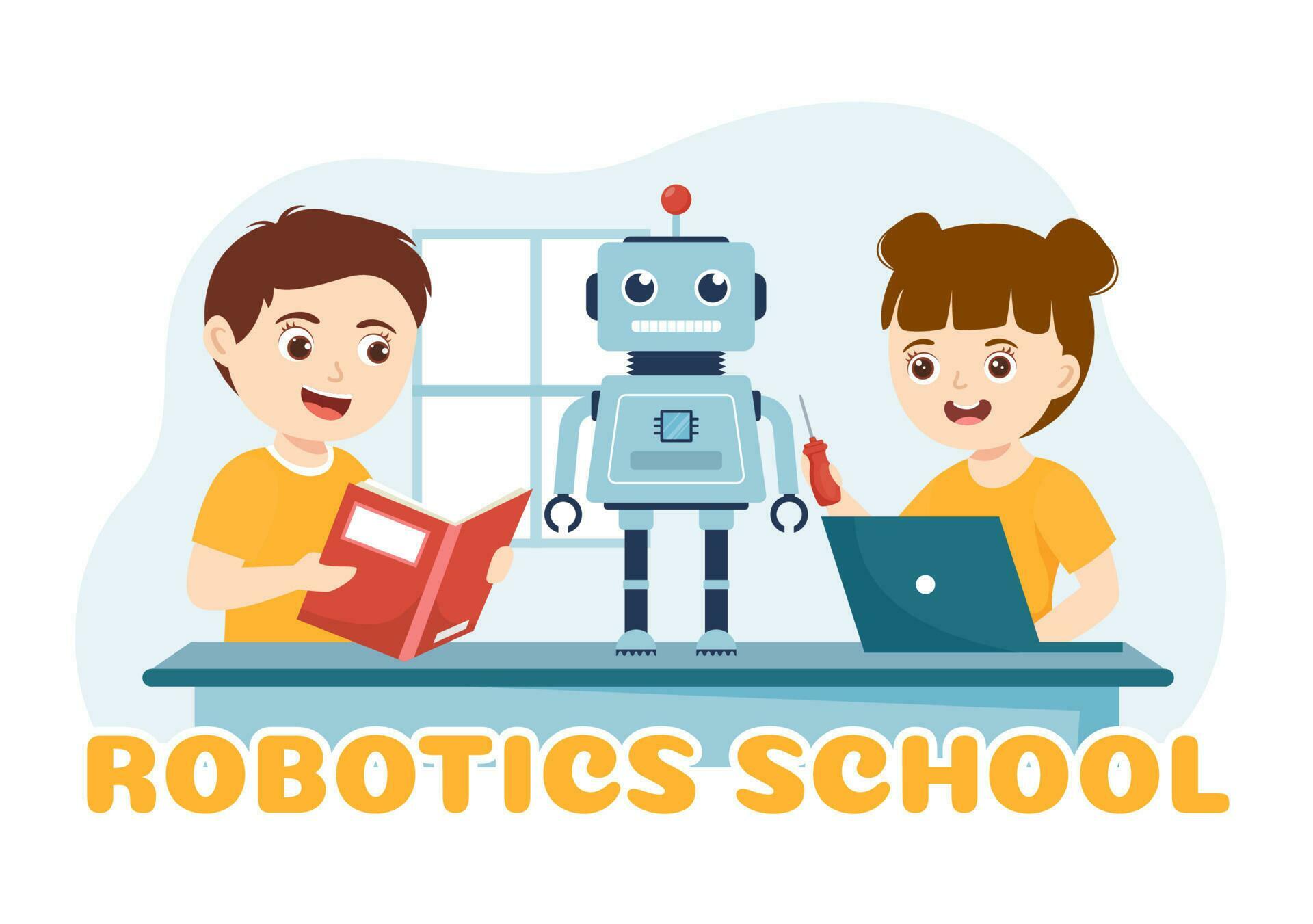 Robotics School Vector Illustration with Kids Robotic Project to Programming and Engineering ...