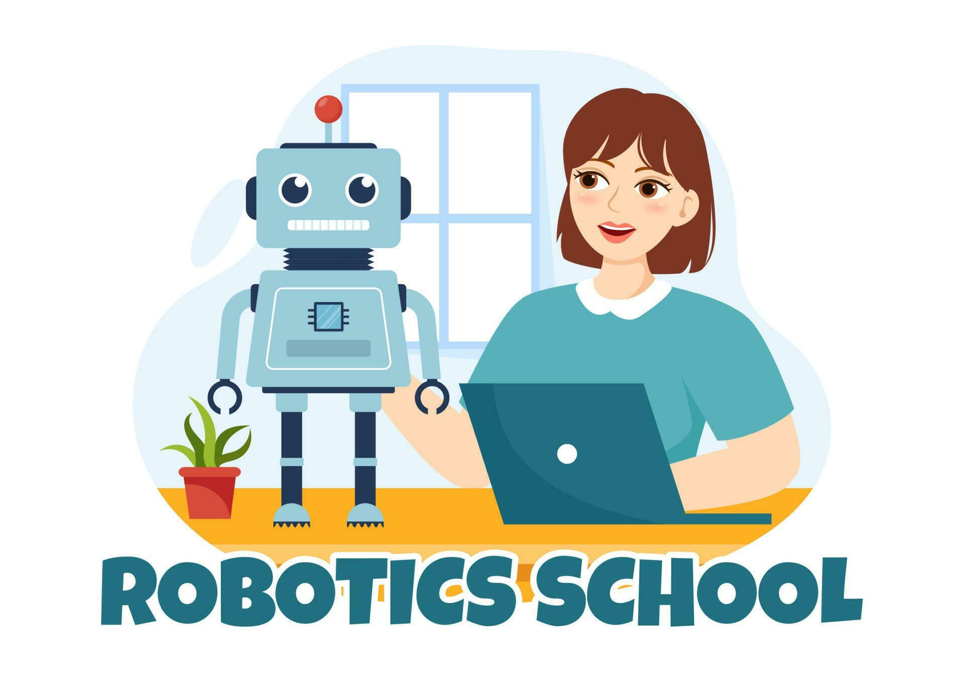 Robotics School Vector Illustration with Youth Robotic Project to ...