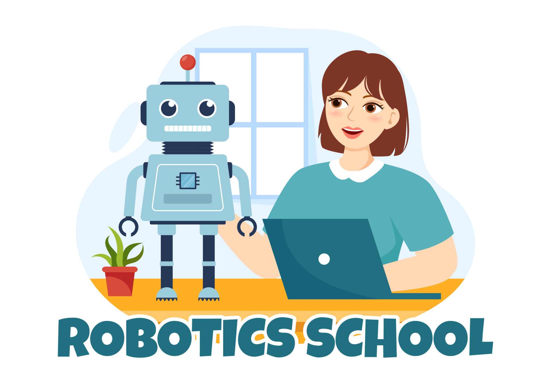 Robotics School Vector Illustration with Youth Robotic Project to ...