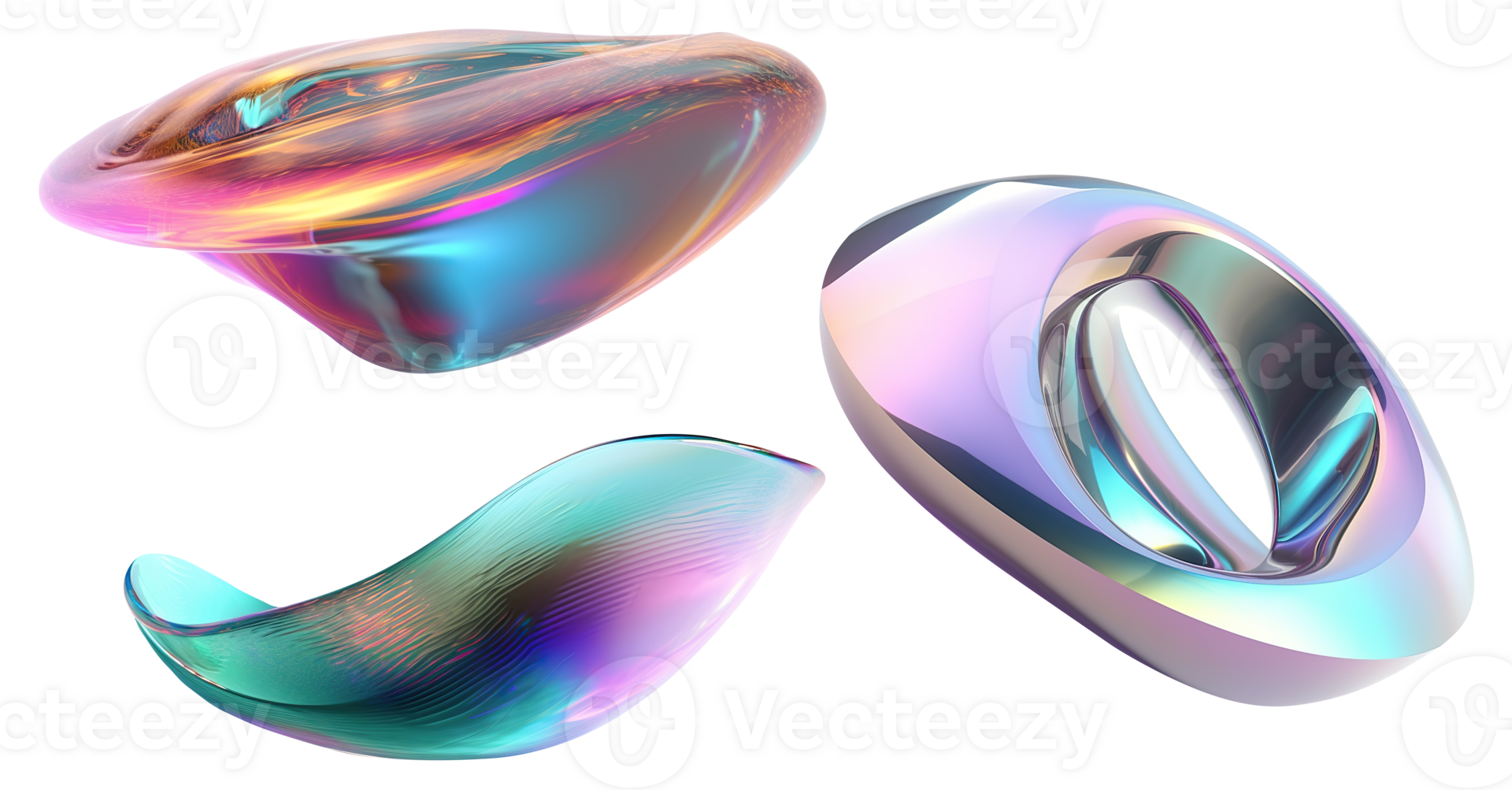 Set of abstract multicolor shapes on transparent background. Metallic holographic color. Trendy ...