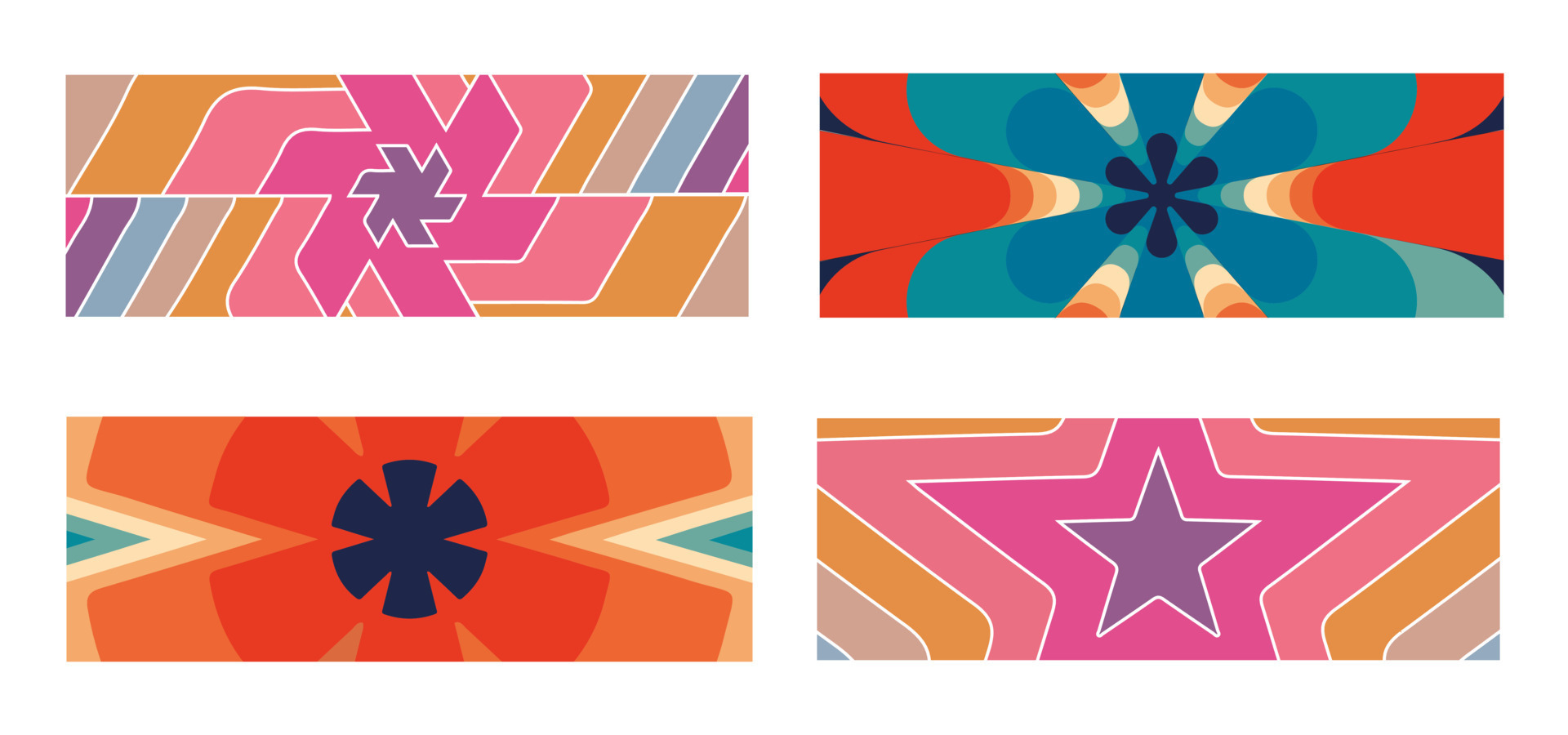 Set of groovy hippie 70s background. Vintage retro swirl, twirl pattern ...