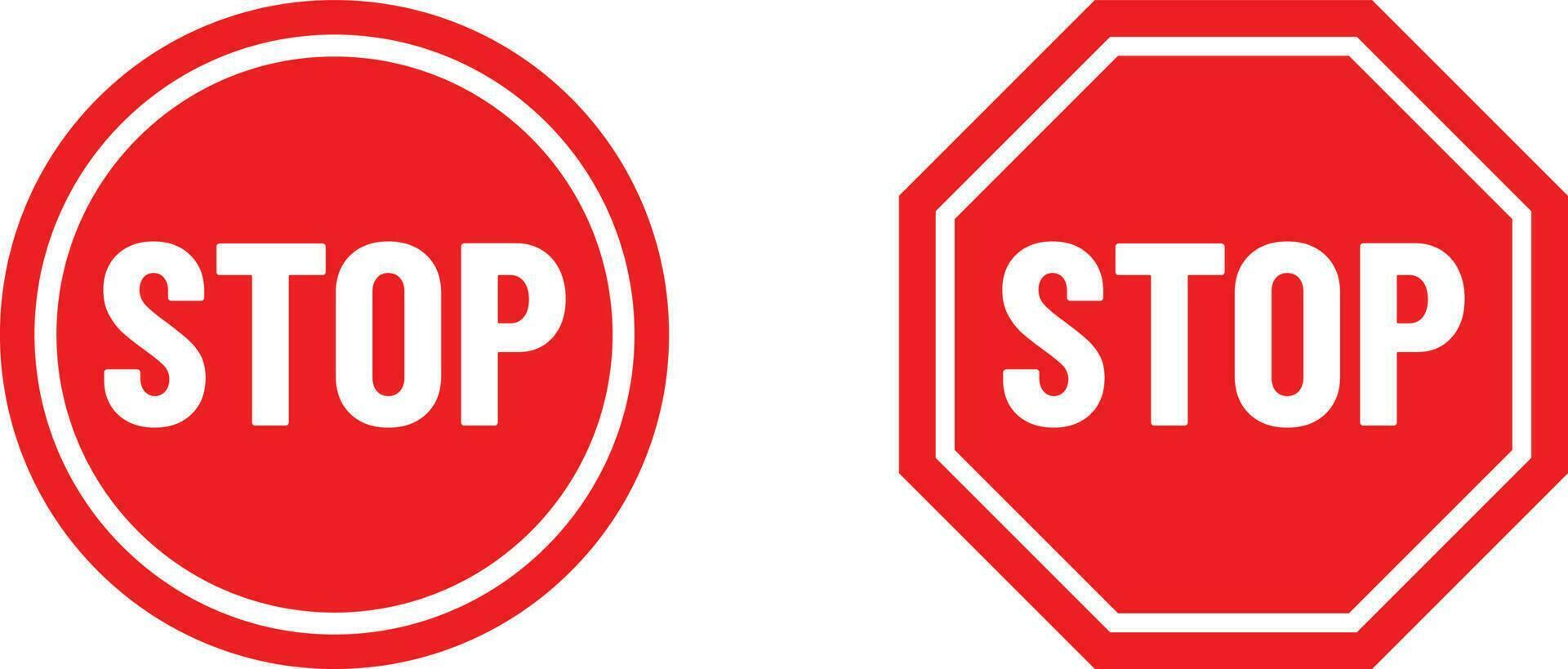 Red Stop Signs In Octagon And Circle Traffic Warning And Prohibiting