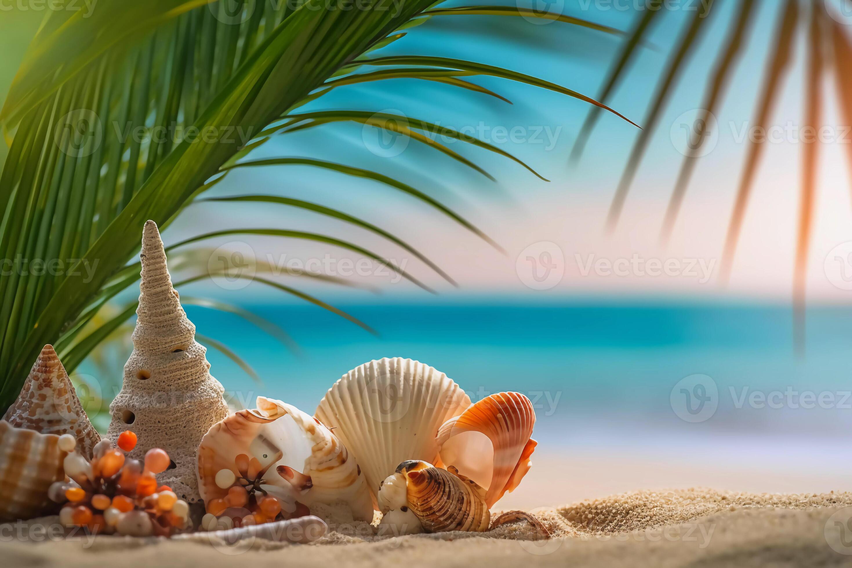 colorful orange beach seashells and palm tree under ocean background in ...
