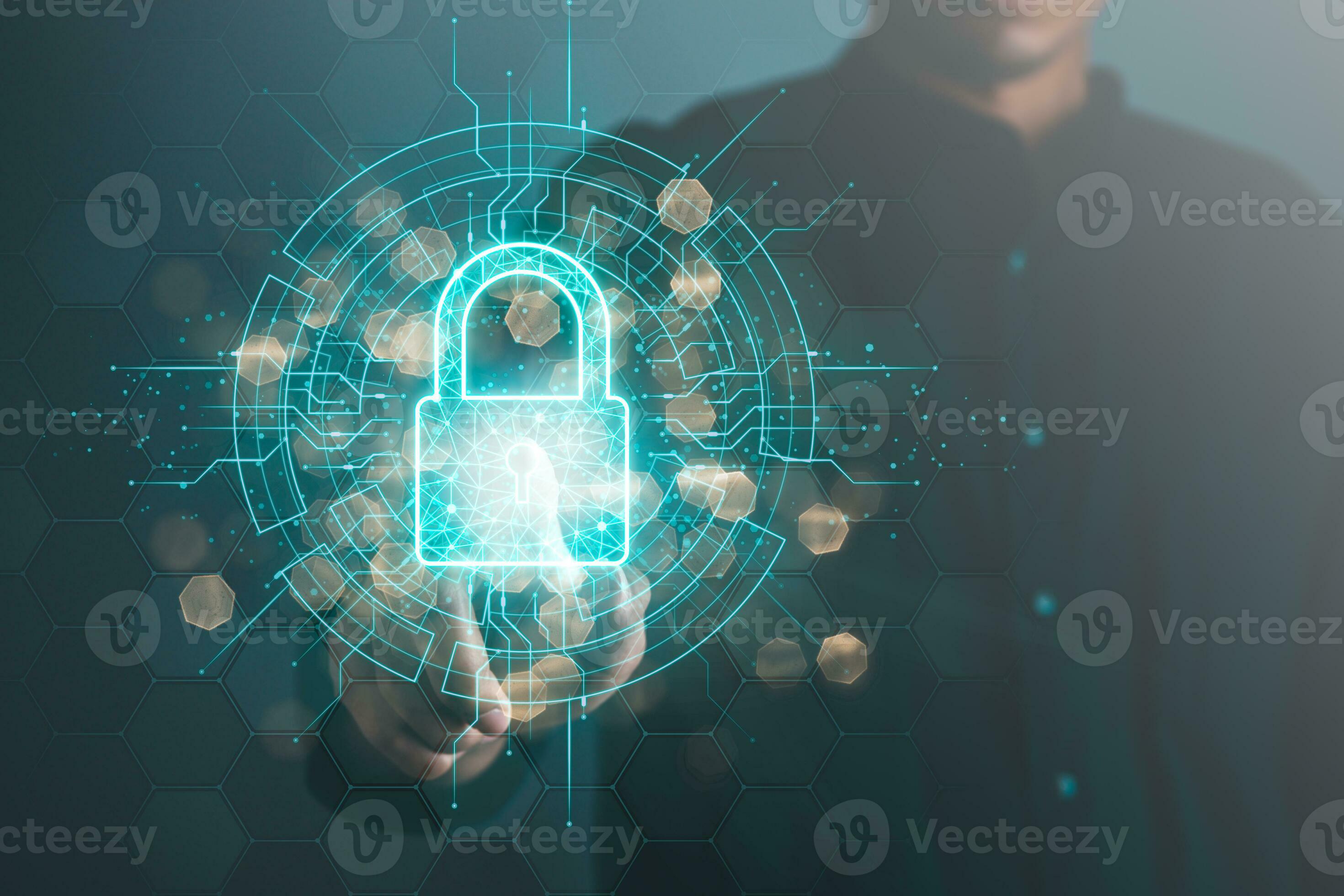 Data Security System Concept Business Man Use Laptop With Security