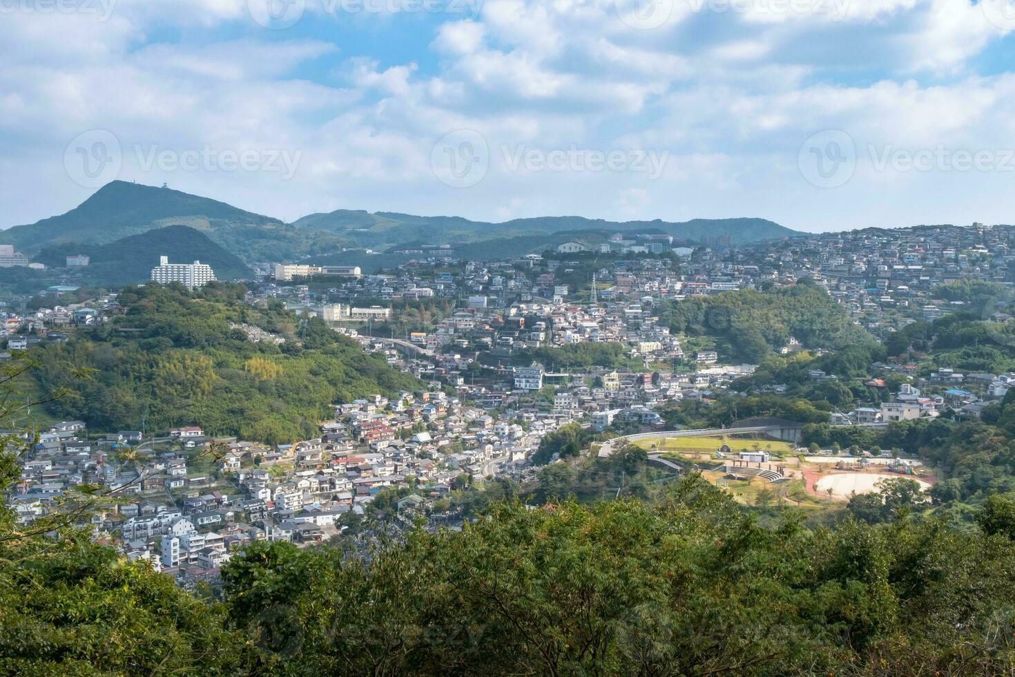 Panorama view of Nagasaki city with montain and blue sky background, Cityscape, Nagasaki, Kyushu ...