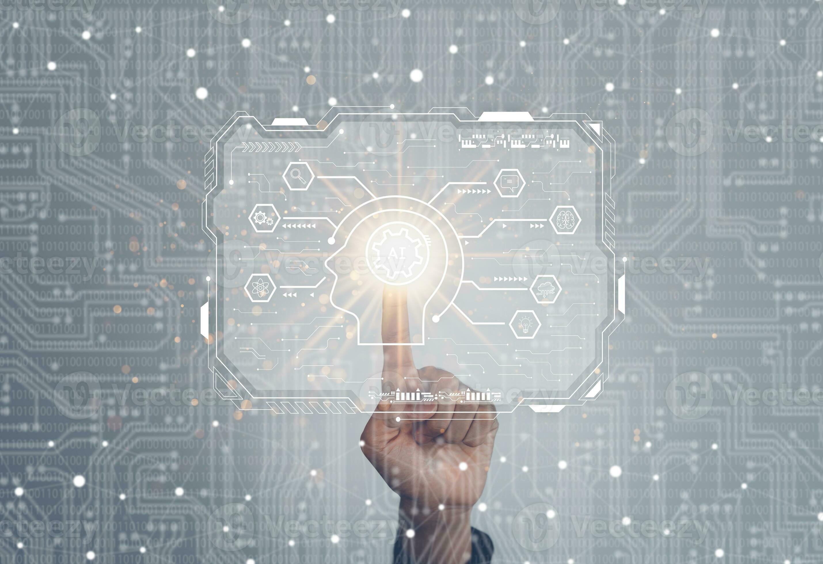 Business man touch the digital screen on the AI icon artificial intelligence. Machine learning ...