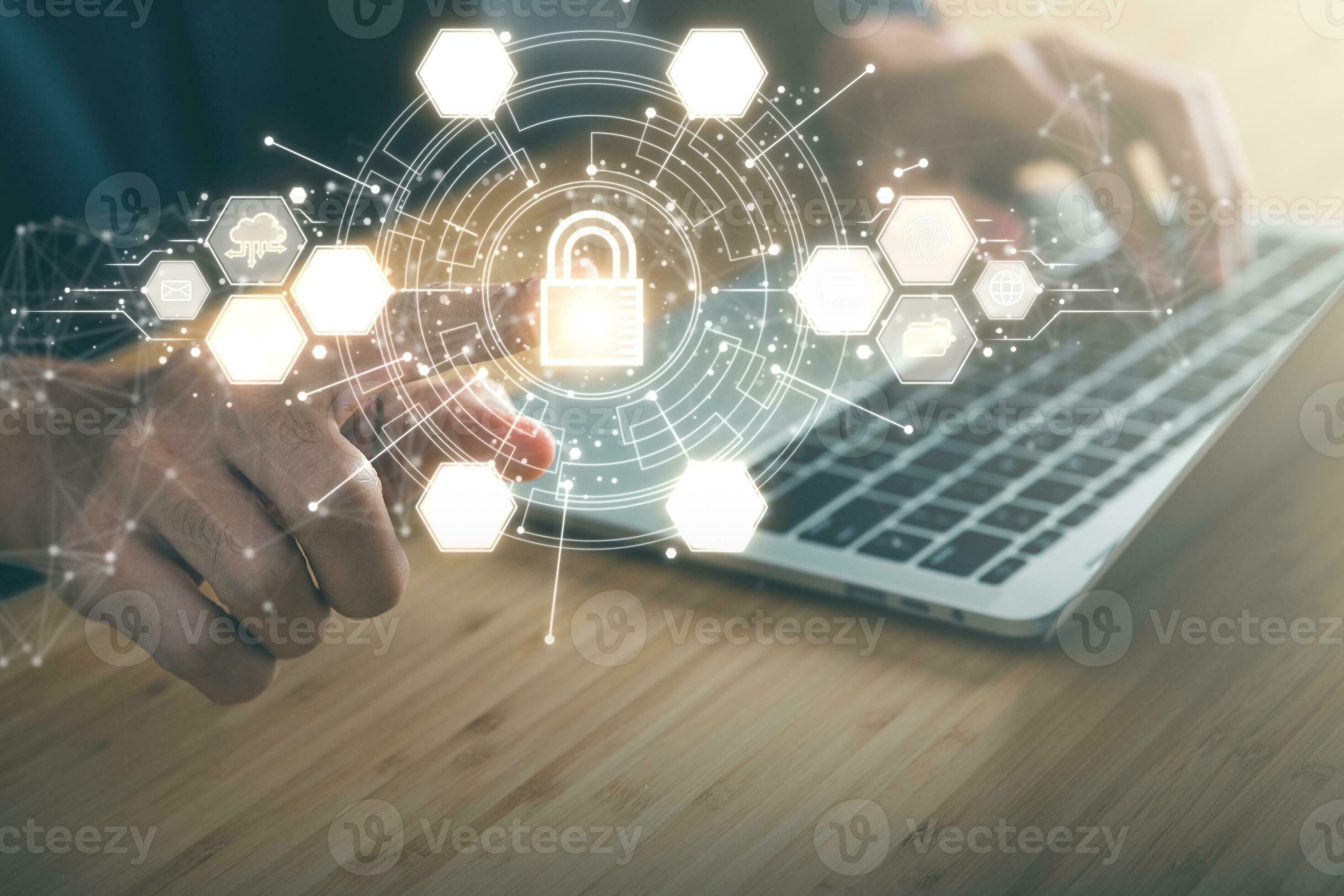 Data Security system concept, Business man use laptop with security ...