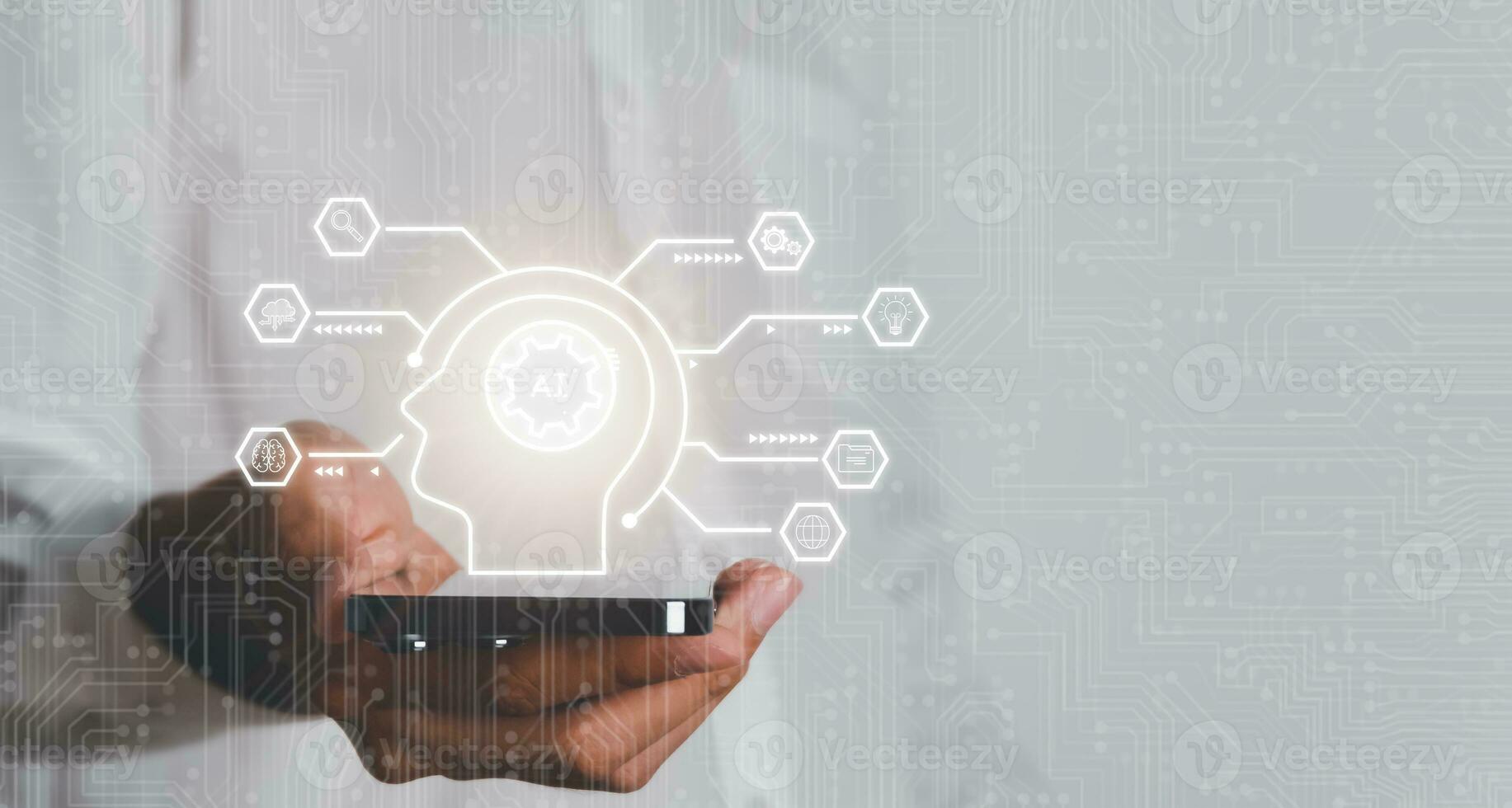 AI icon artificial intelligence above the mobile phone. Machine learning concept, big data ...