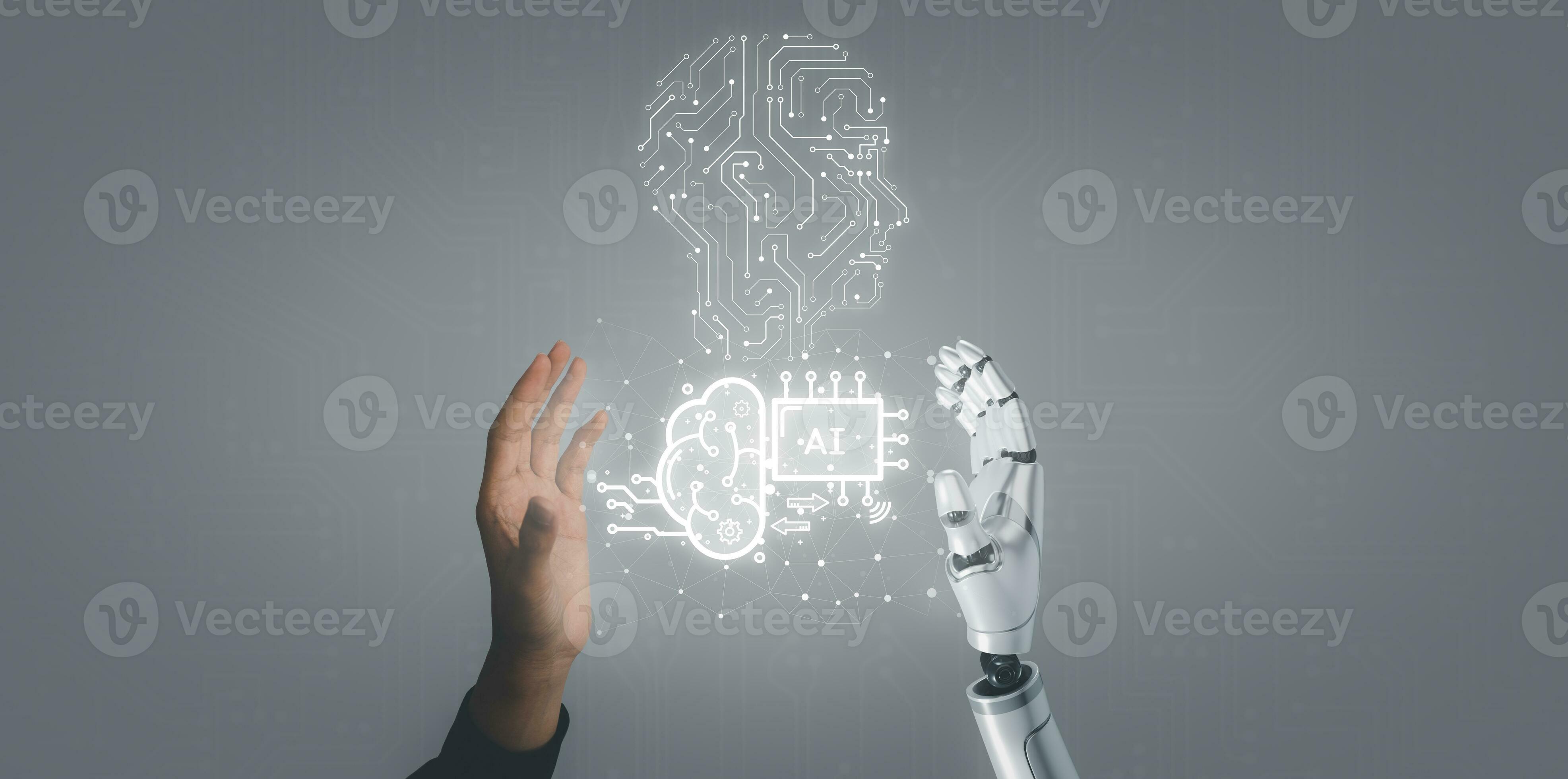 Business man and robot hand touch digital screen of AI icon artificial intelligence concept, big ...
