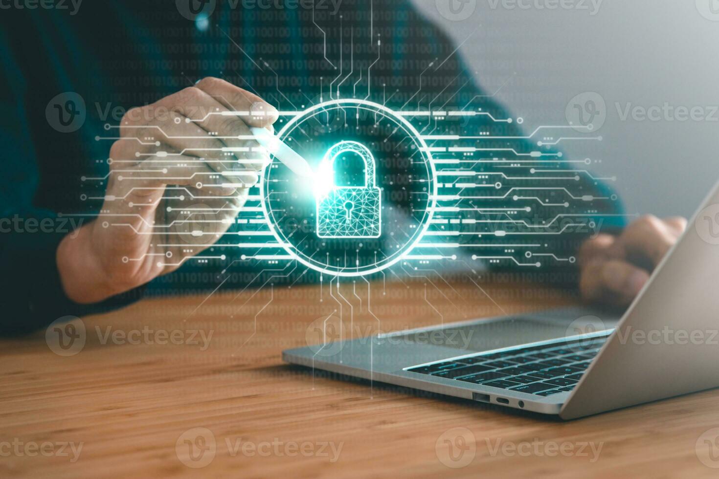 Data Security System Concept Business Man Use Laptop With Security Icon Screen Innovation