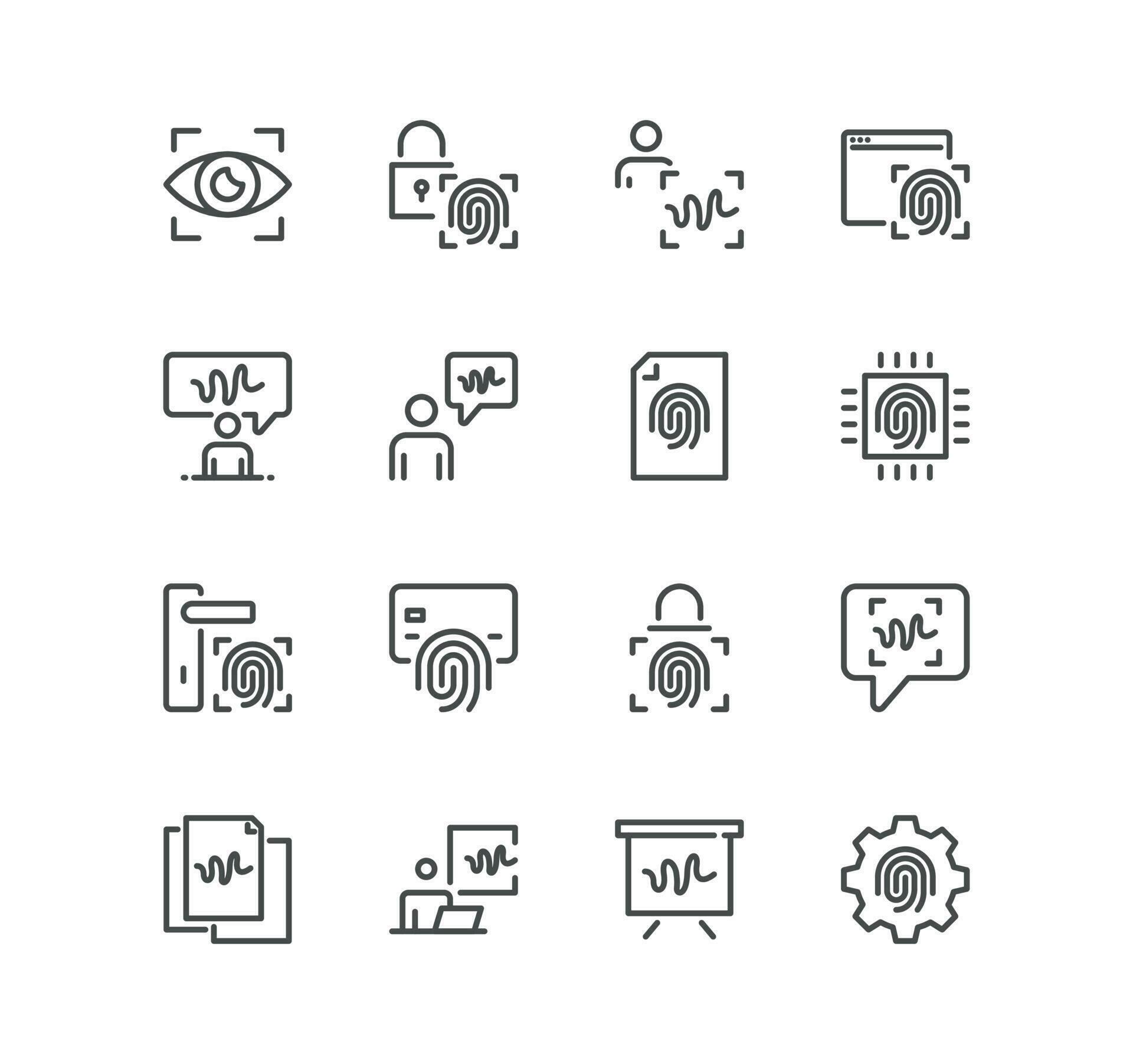 Set of biometric related icons, voice recognition, fingerprint, door lock, key and linear ...