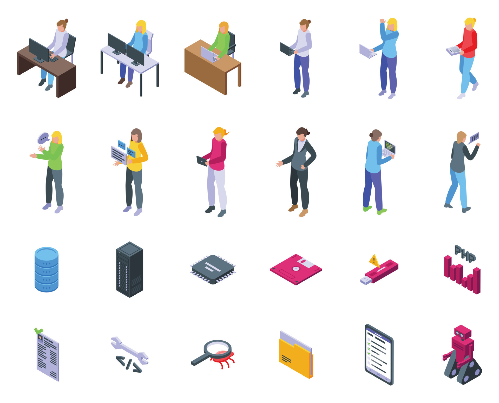 Woman programmer icons set isometric vector. Develop software 24241864 Vector Art at Vecteezy