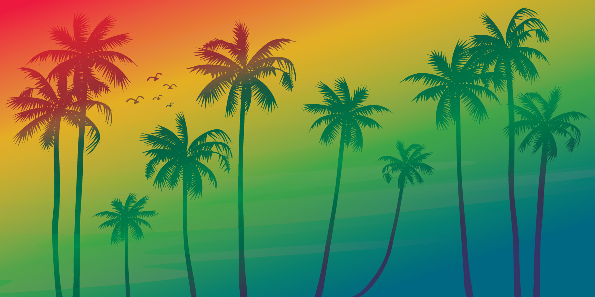 Colorful palm trees with surrealistic sky background vector ...