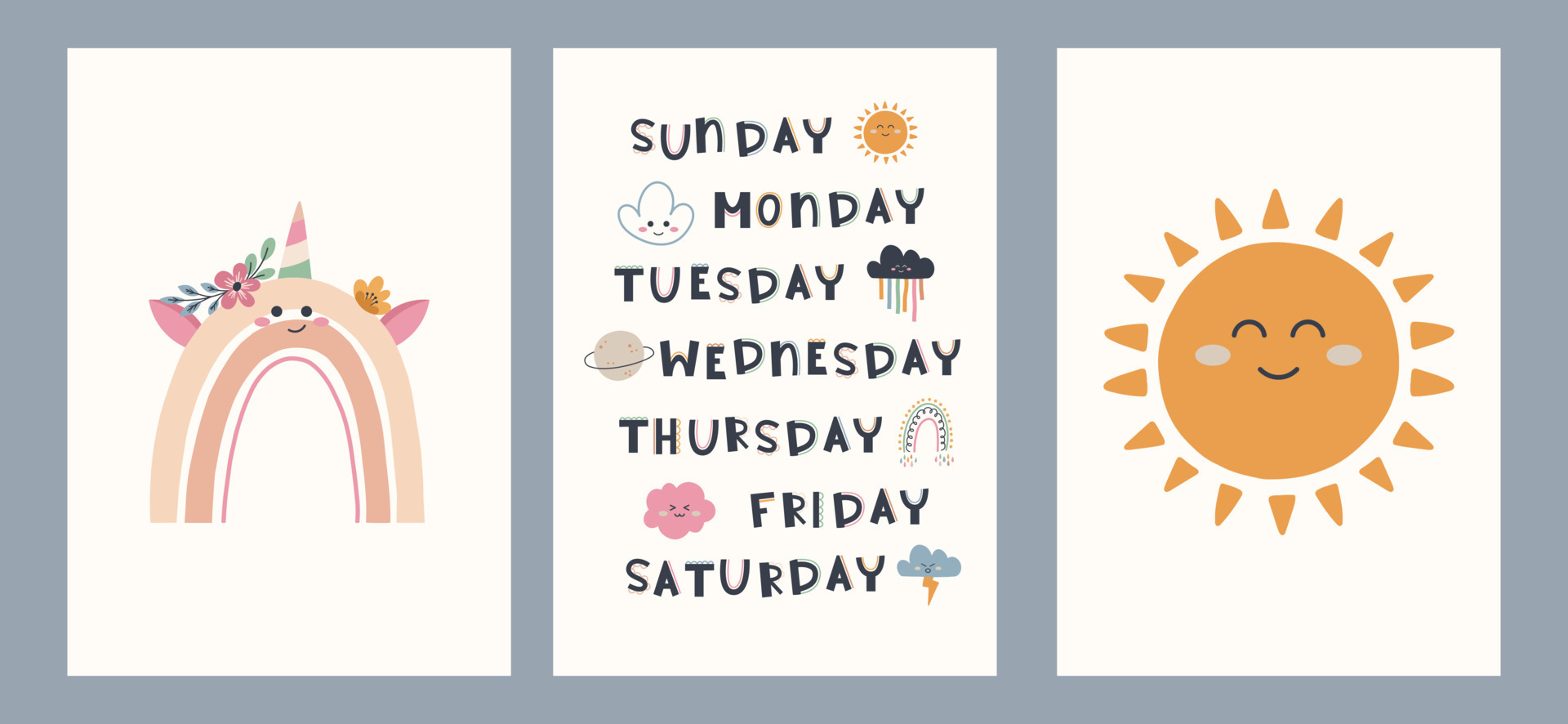 Cute hand drawn posters with rainbow, weather, education elements in ...