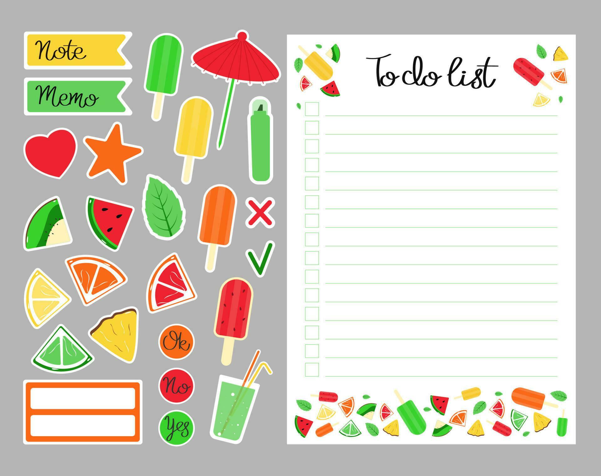 Summer to-do list template. Set of to do list and stickers. Template ...
