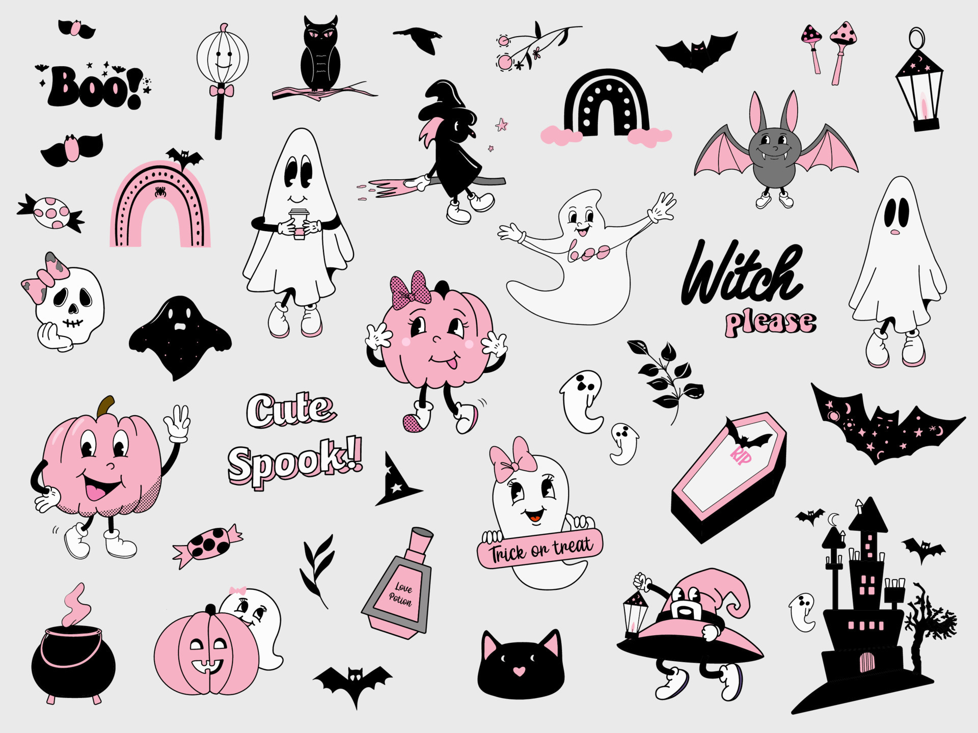 Pink Halloween Set, Groovy Halloween bundle, White sheet ghost mascot ...