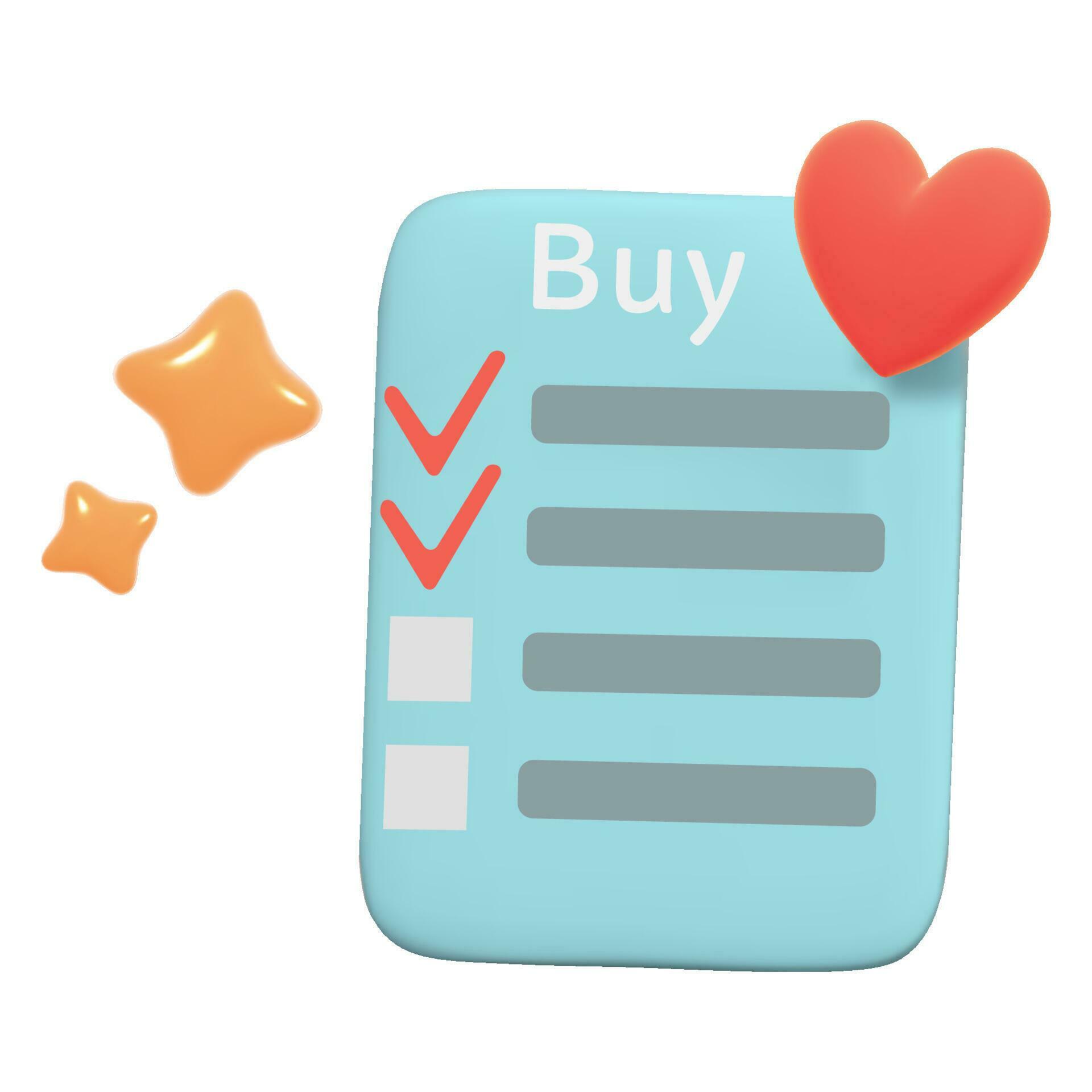 3d render icon. Wish list paper sheet with heart and stars. Vector ...