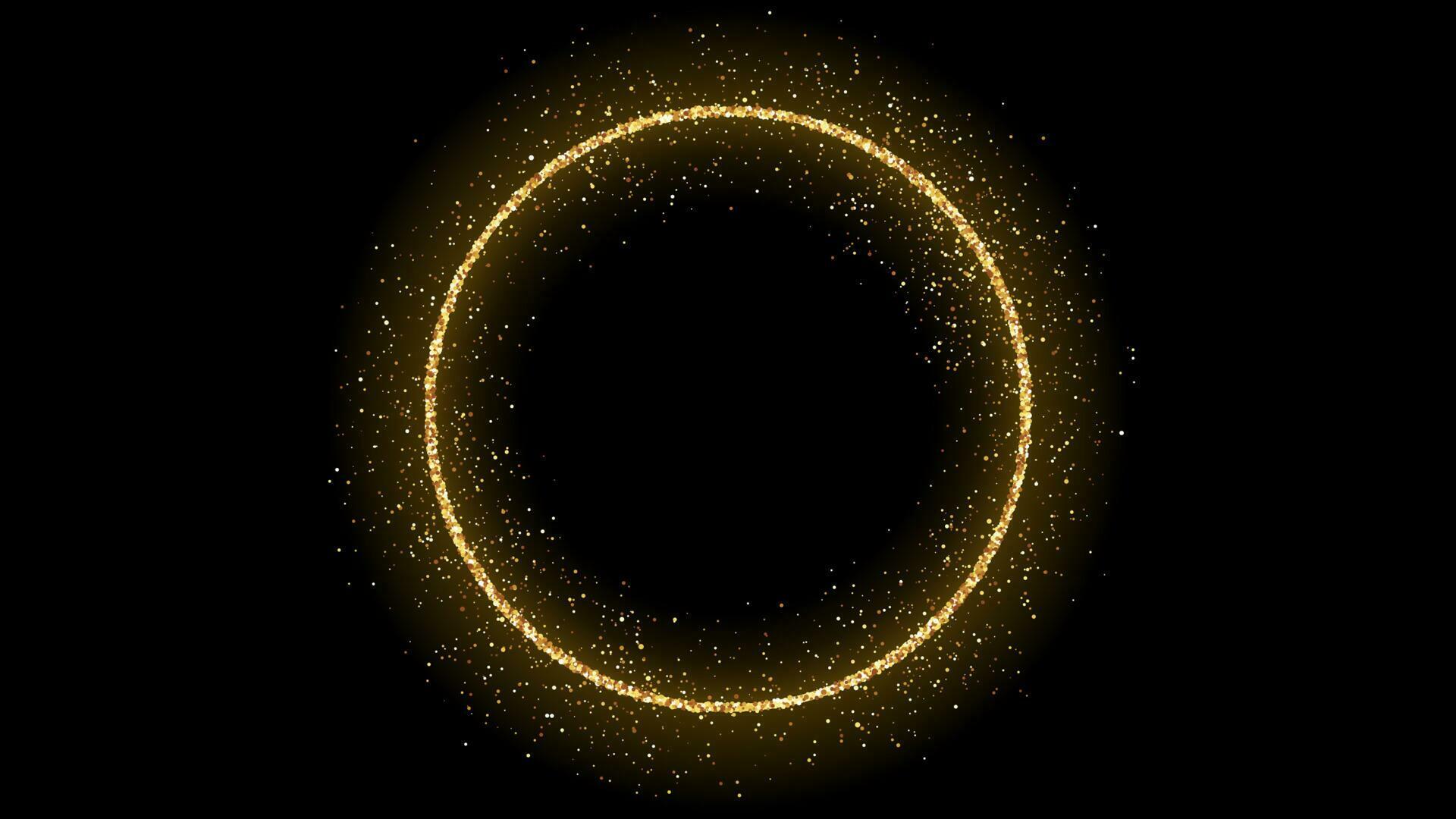 Golden circle frame with glitter, sparkles and flares on dark background. Empty luxury backdrop ...