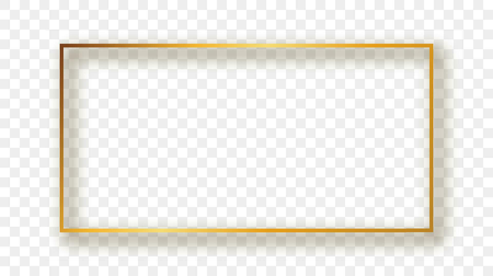 Gold glowing rectangular shape frame with shadow isolated on background. Shiny frame with ...