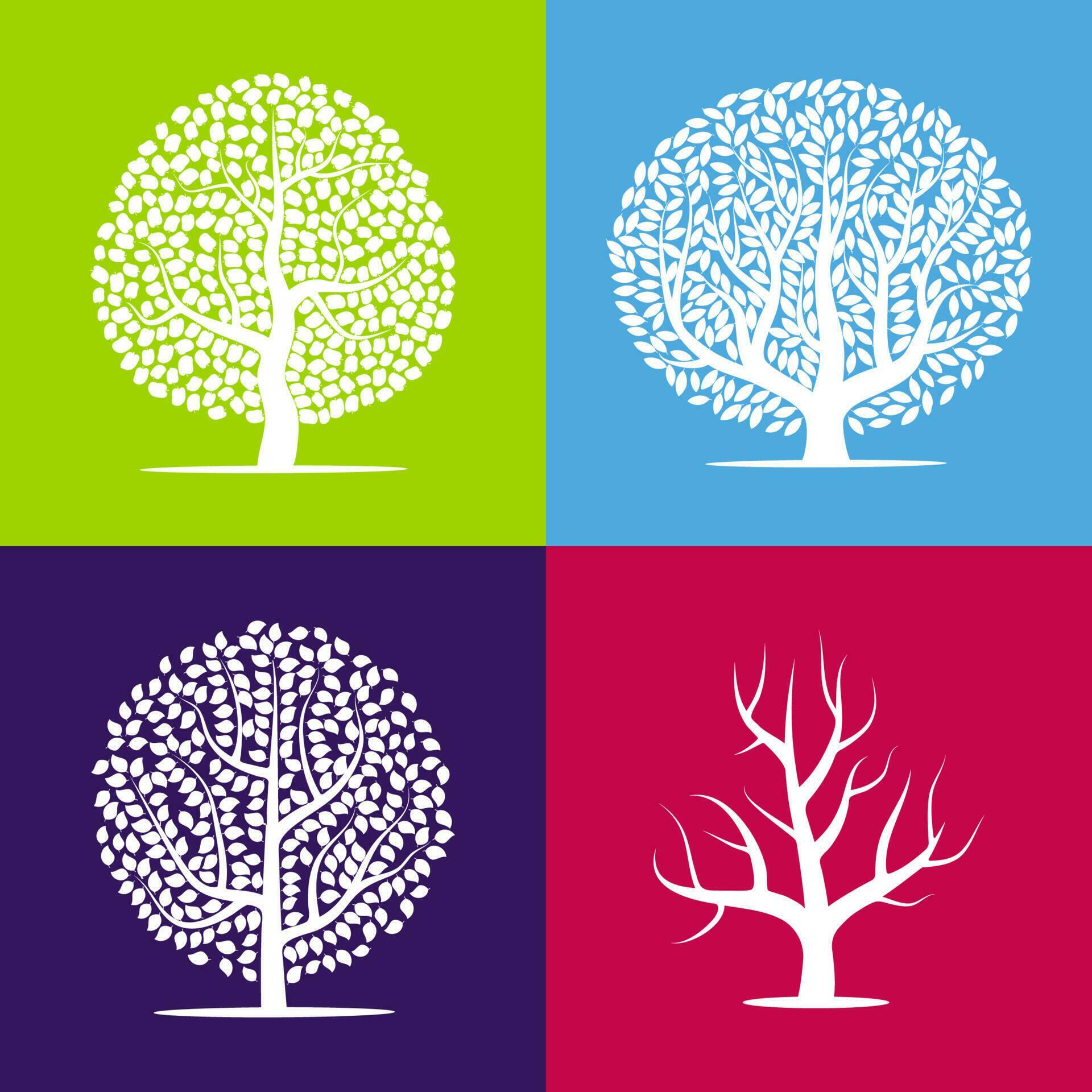 Set of four silhouettes of trees on colorful backgrounds. Vector ...