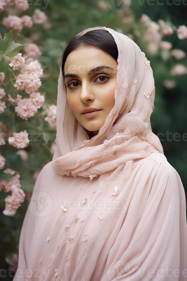 Beautiful Muslim Young Girl Wearing Hijab On Blur Floral Background